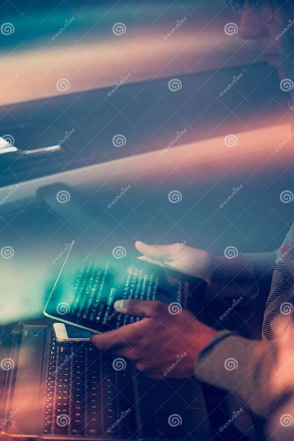 Hacker Using Computer Smartphone And Coding To Steal Password A Stock Image Image Of Binary