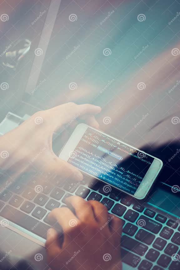 Hacker Using Computer, Smartphone and Coding To Steal Password a Stock Photo - Image of danger ...