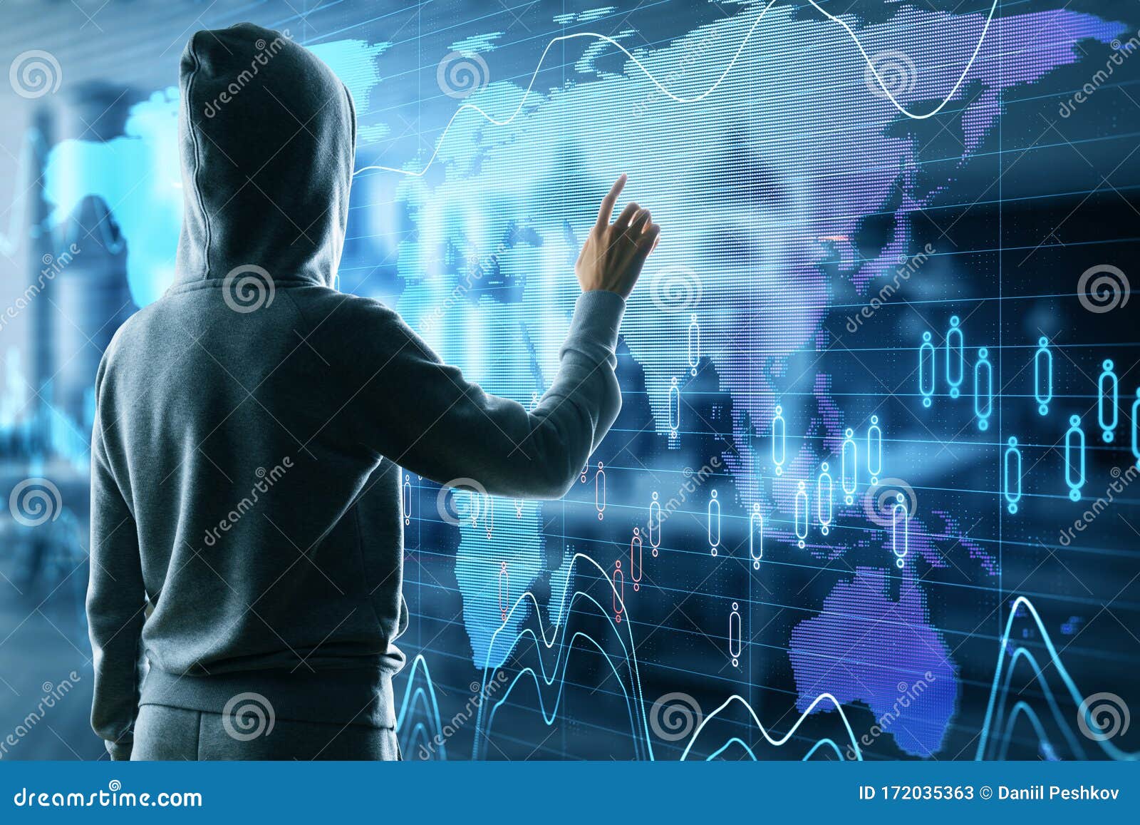 Hacker Using Glowing Stock Chart and World Map Stock Image - Image of ...