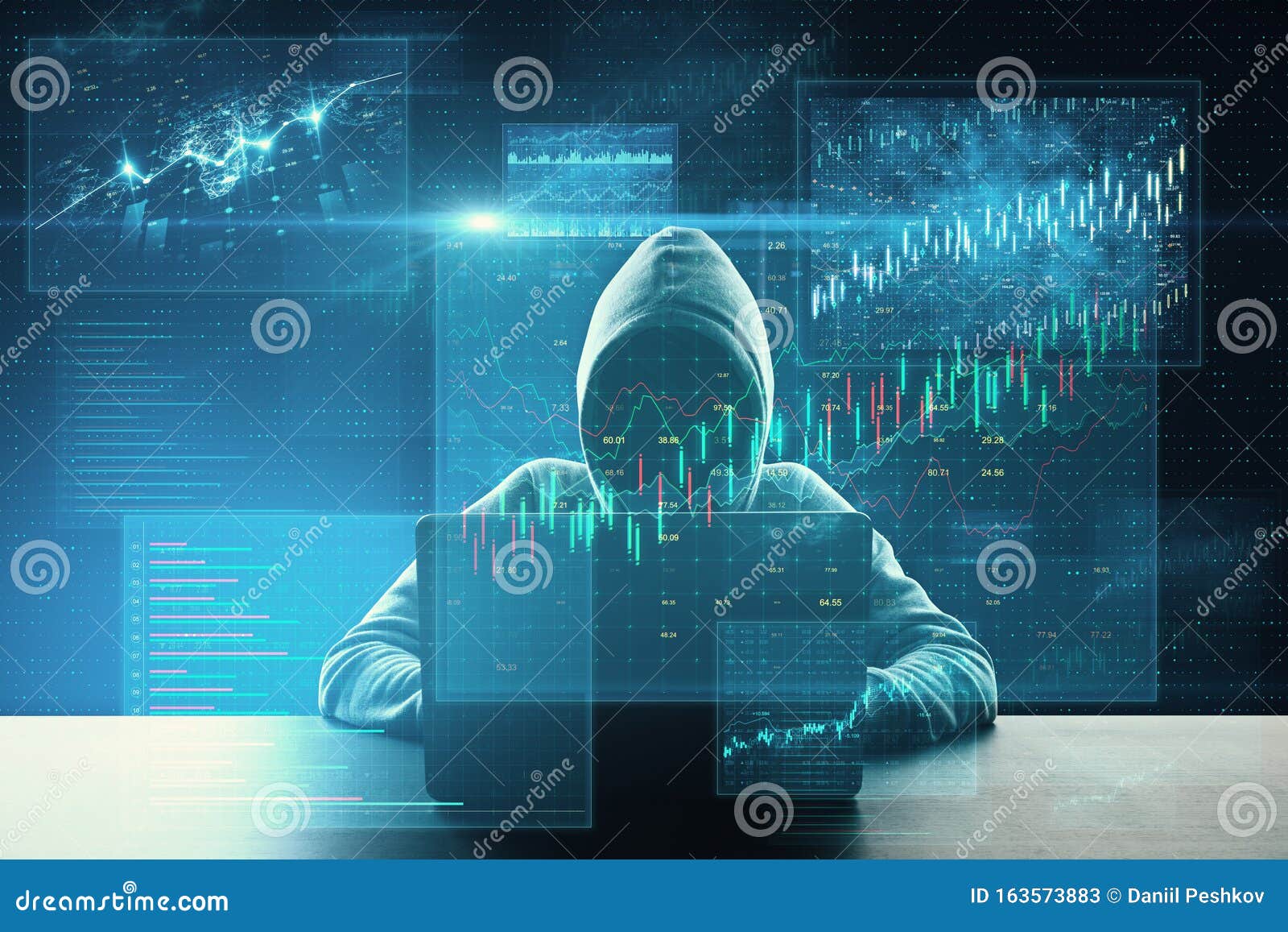 Hacker Using Laptop with Abstract Big Data Stock Illustration ...