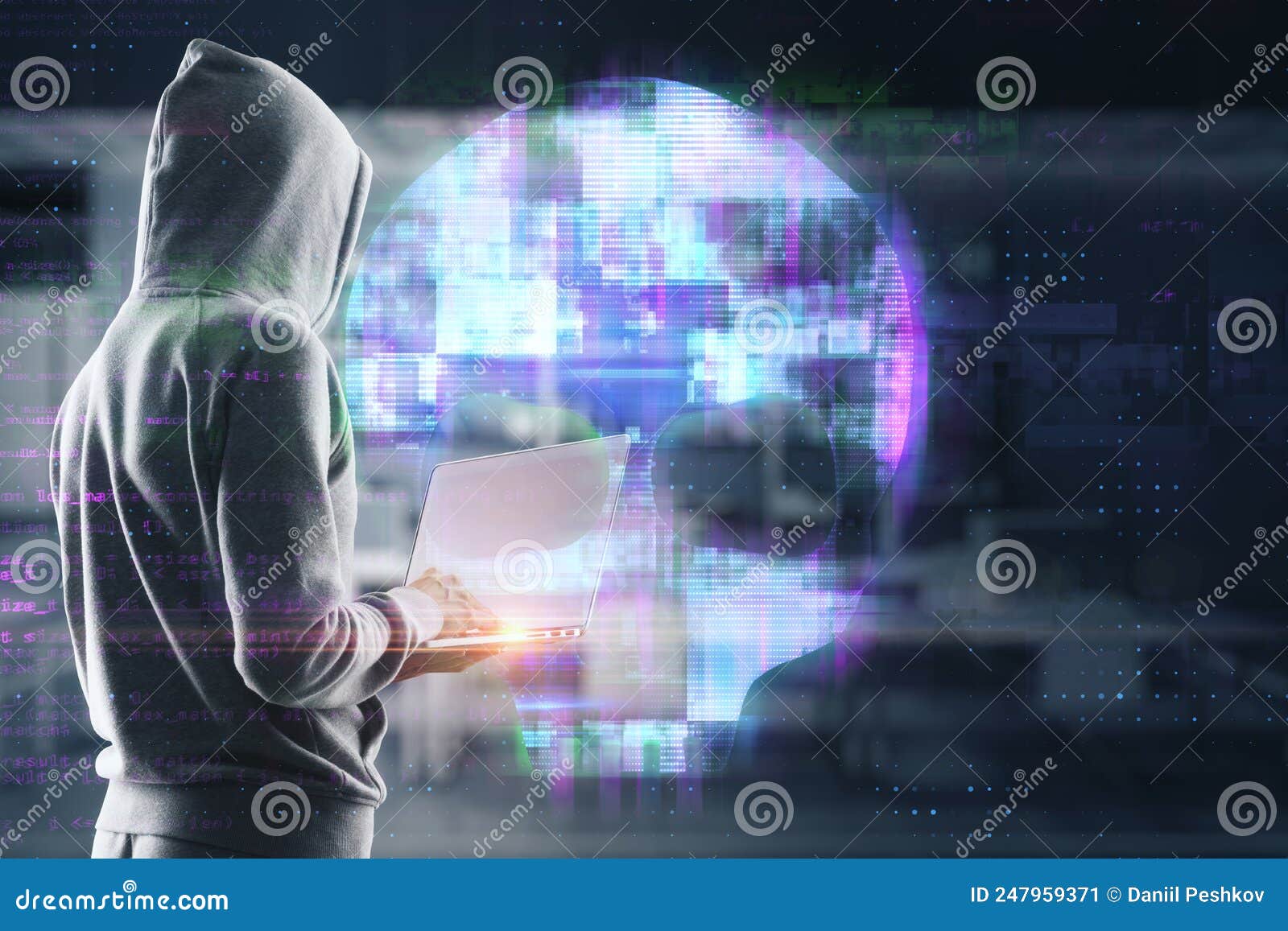 Hacker Using Laptop with Abstract Digital Skull Hologram on Blurry ...