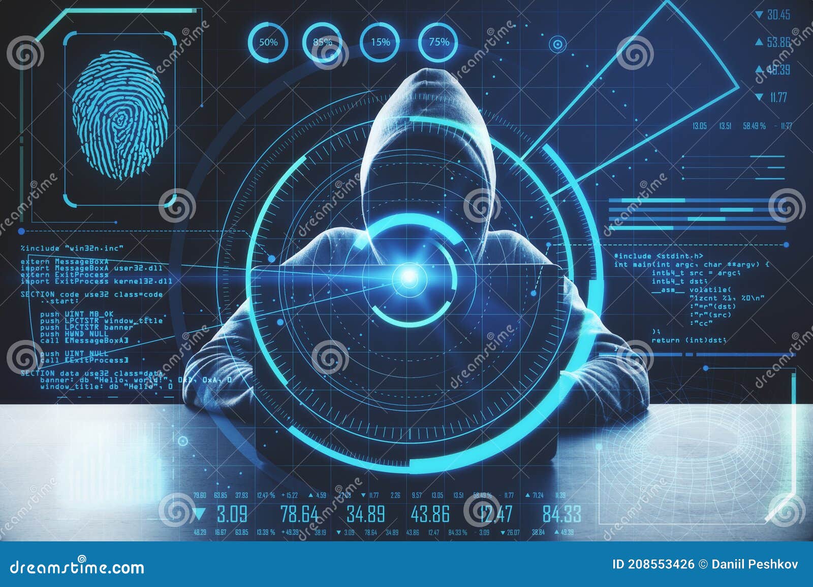 Hacker Using Laptop with Abstract Glowing Finger Print Interface Stock ...