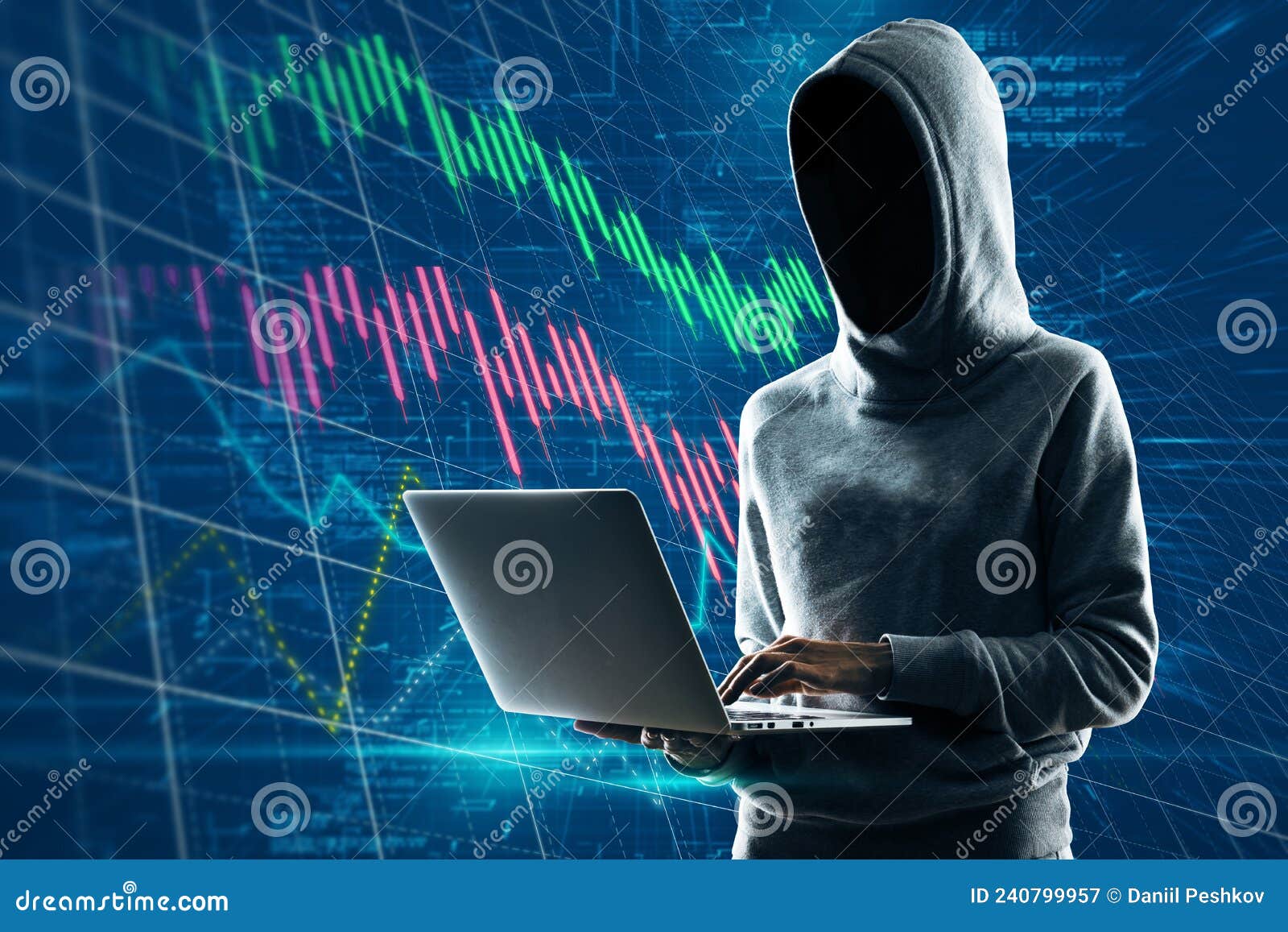 Hacker Using Laptop on Abstract Grid Background with Forex Candlestick ...