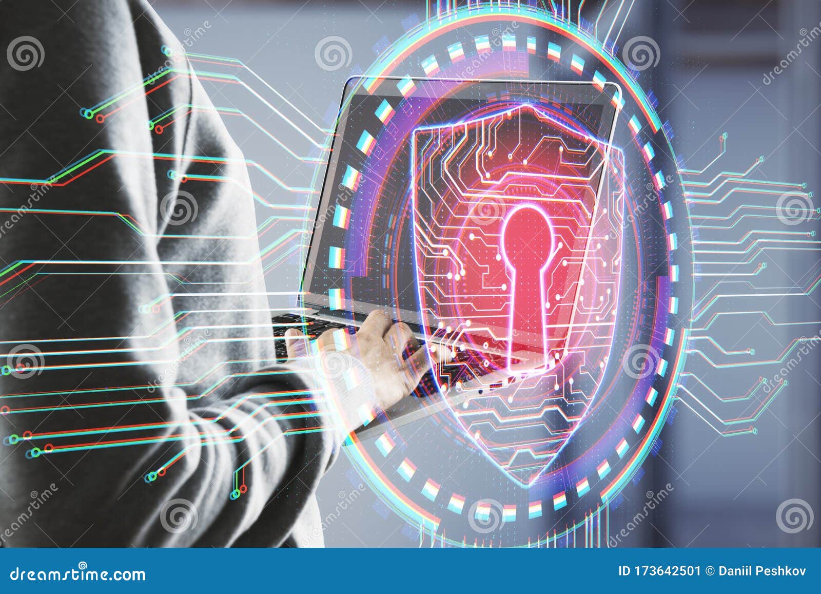 Hacker Using Laptop with Antivirus Shield Hologram Stock Image - Image ...