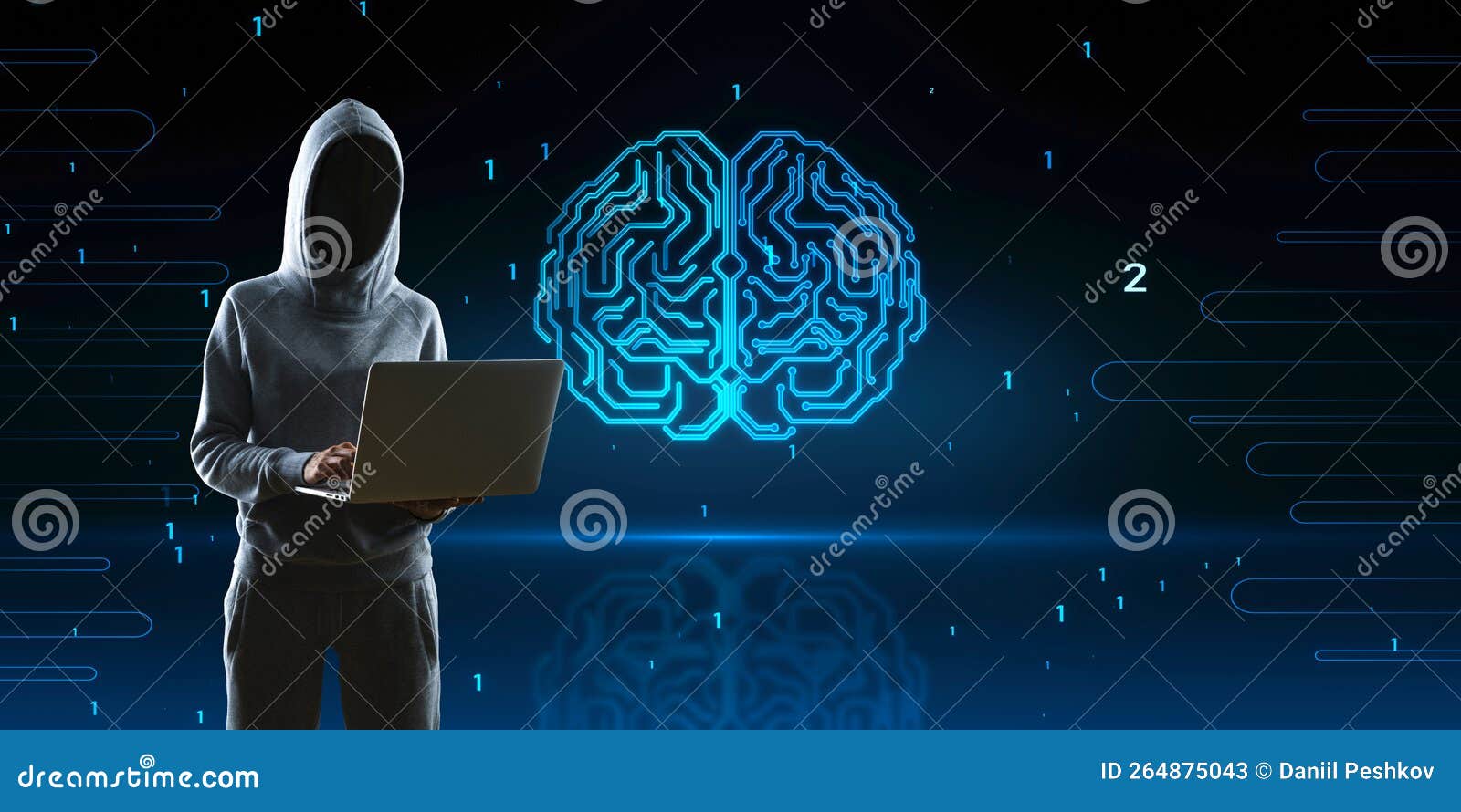 Hacker Using Laptop Computer with Abstract Glowing Human Brain Hologram ...