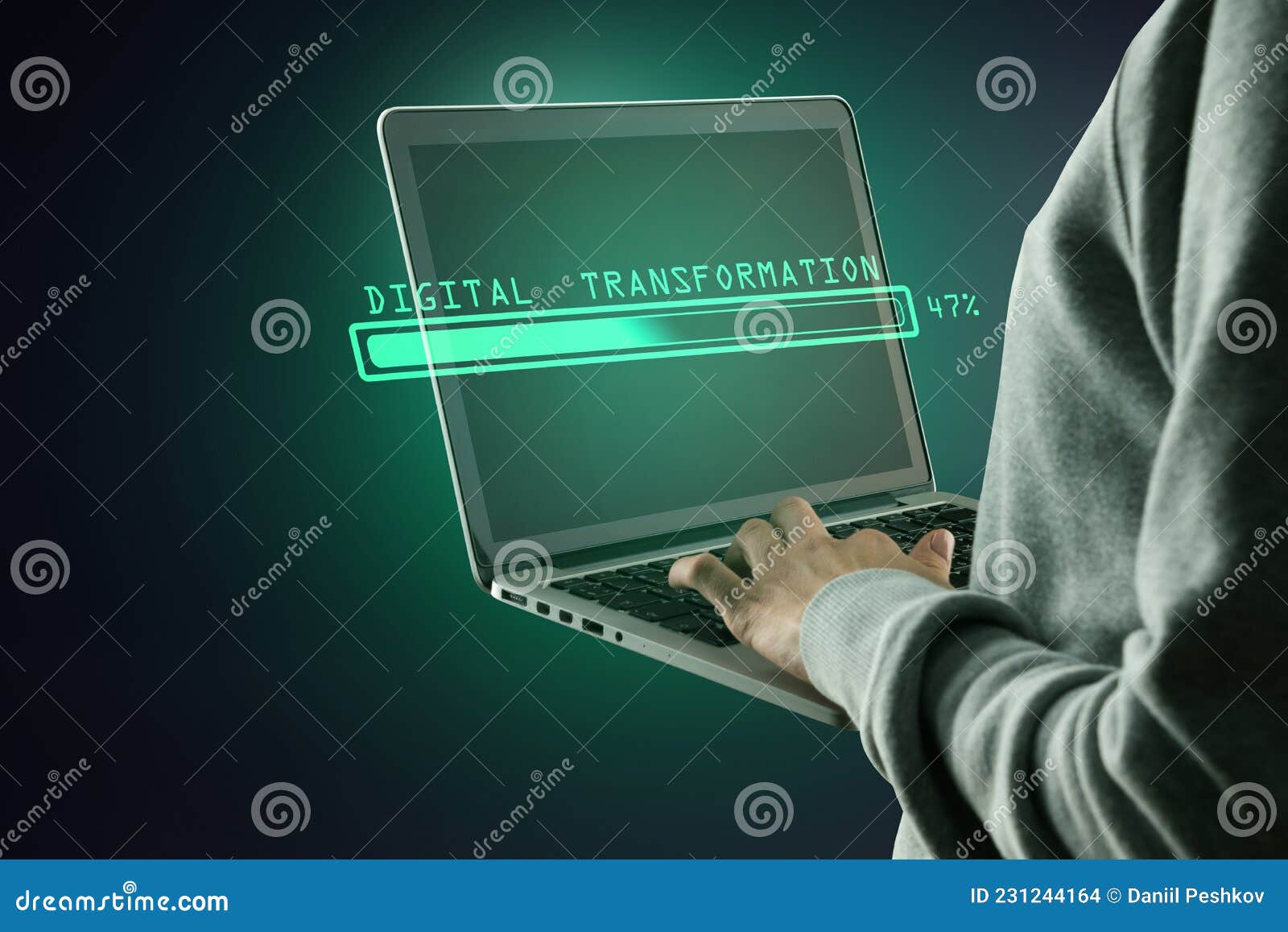 Hacker Using Laptop Computer With Abstract Glowing Loading Bar On Gray 3419
