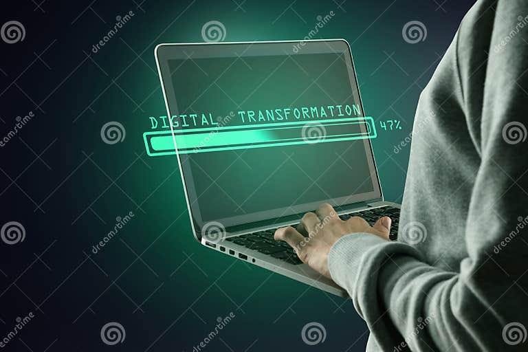 Hacker Using Laptop Computer with Abstract Glowing Loading Bar on Gray ...