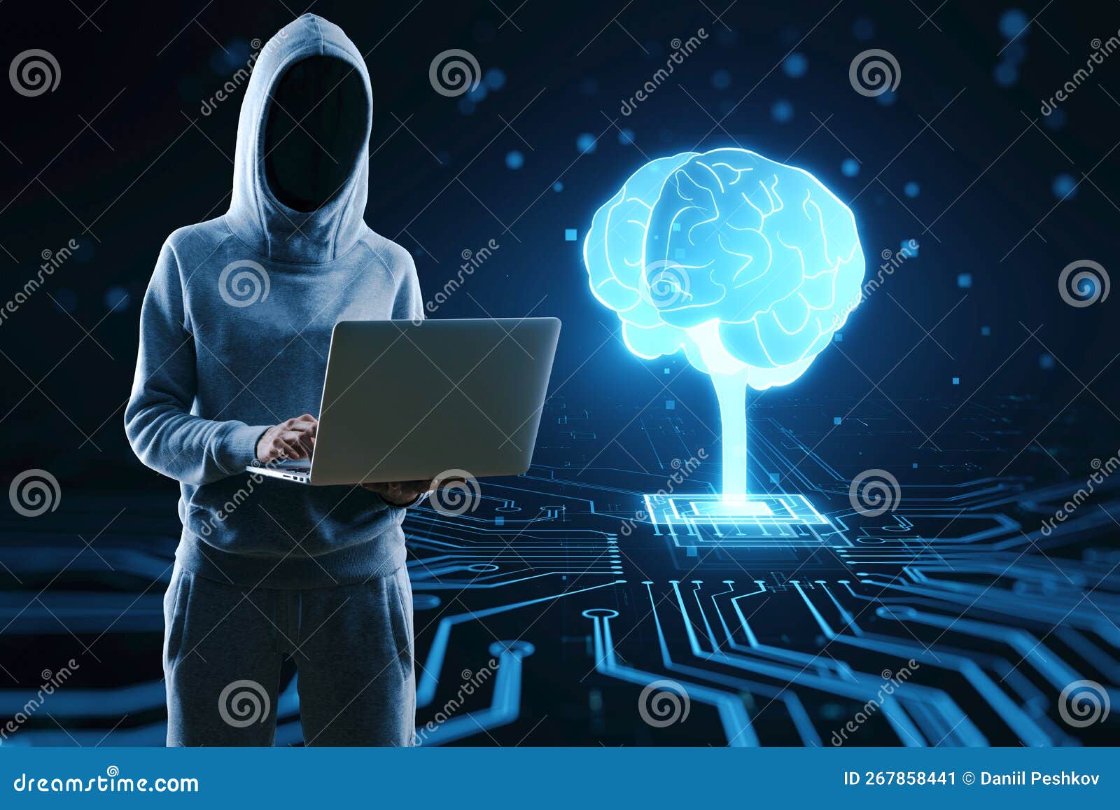 Hacker Using Laptop Computer with Hologram. Futuristic Design of ...