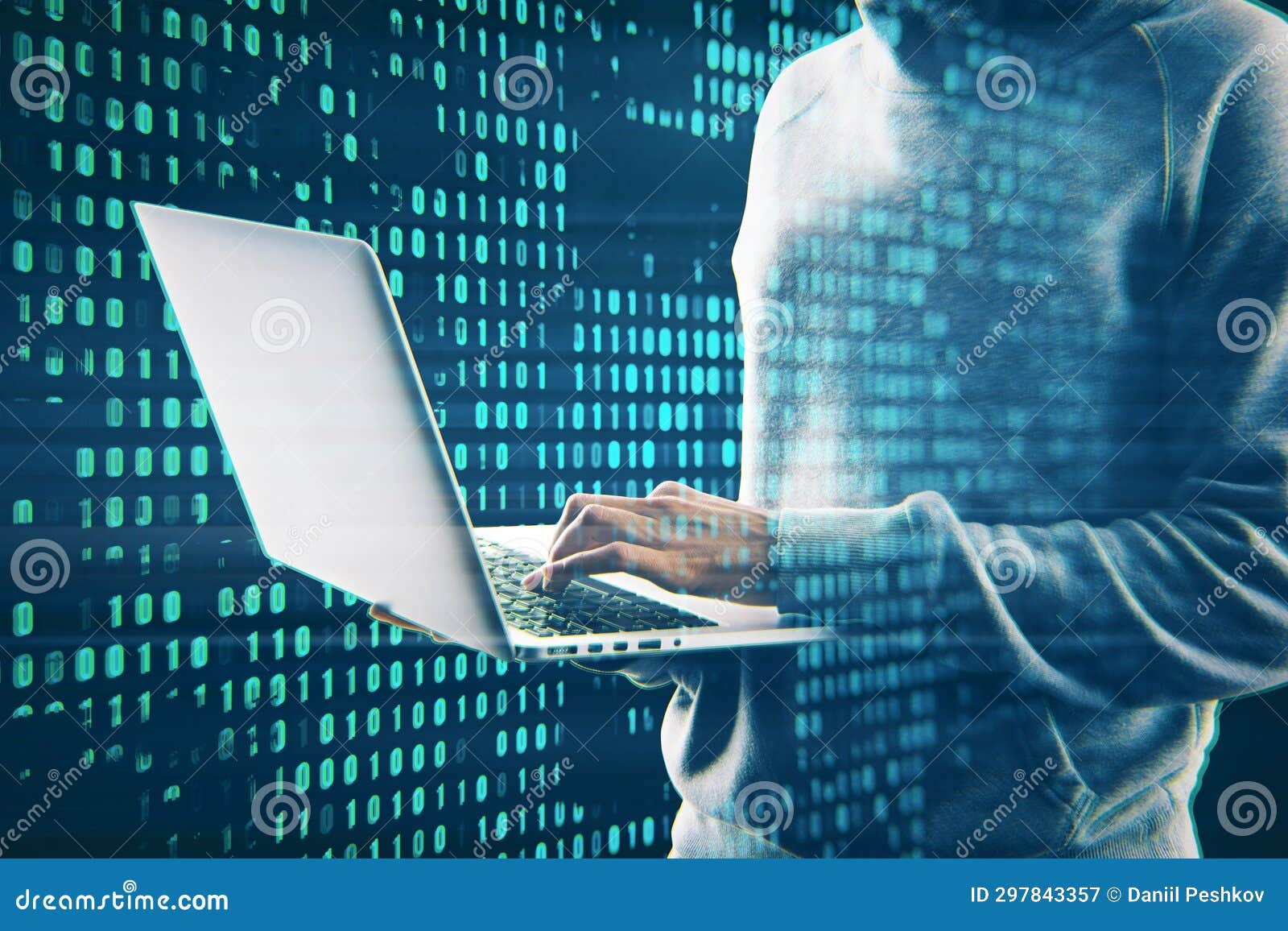 Hacker Using Laptop With Creative Digital Binary Code Dots Hologram Digital Data Hacking