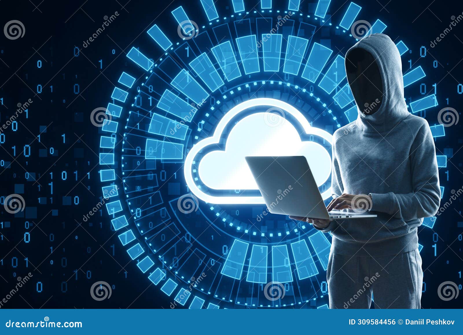 Hacker Using Laptop with Creative Glowing Cloud Computing Hologram with Binary Coding on Dark ...
