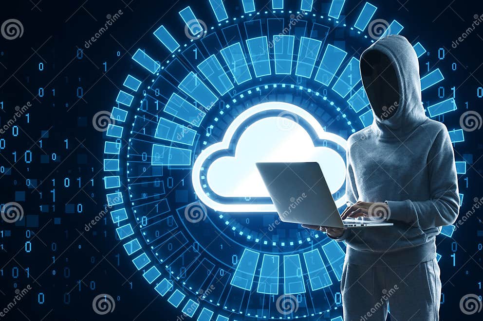 Hacker Using Laptop with Creative Glowing Cloud Computing Hologram with ...