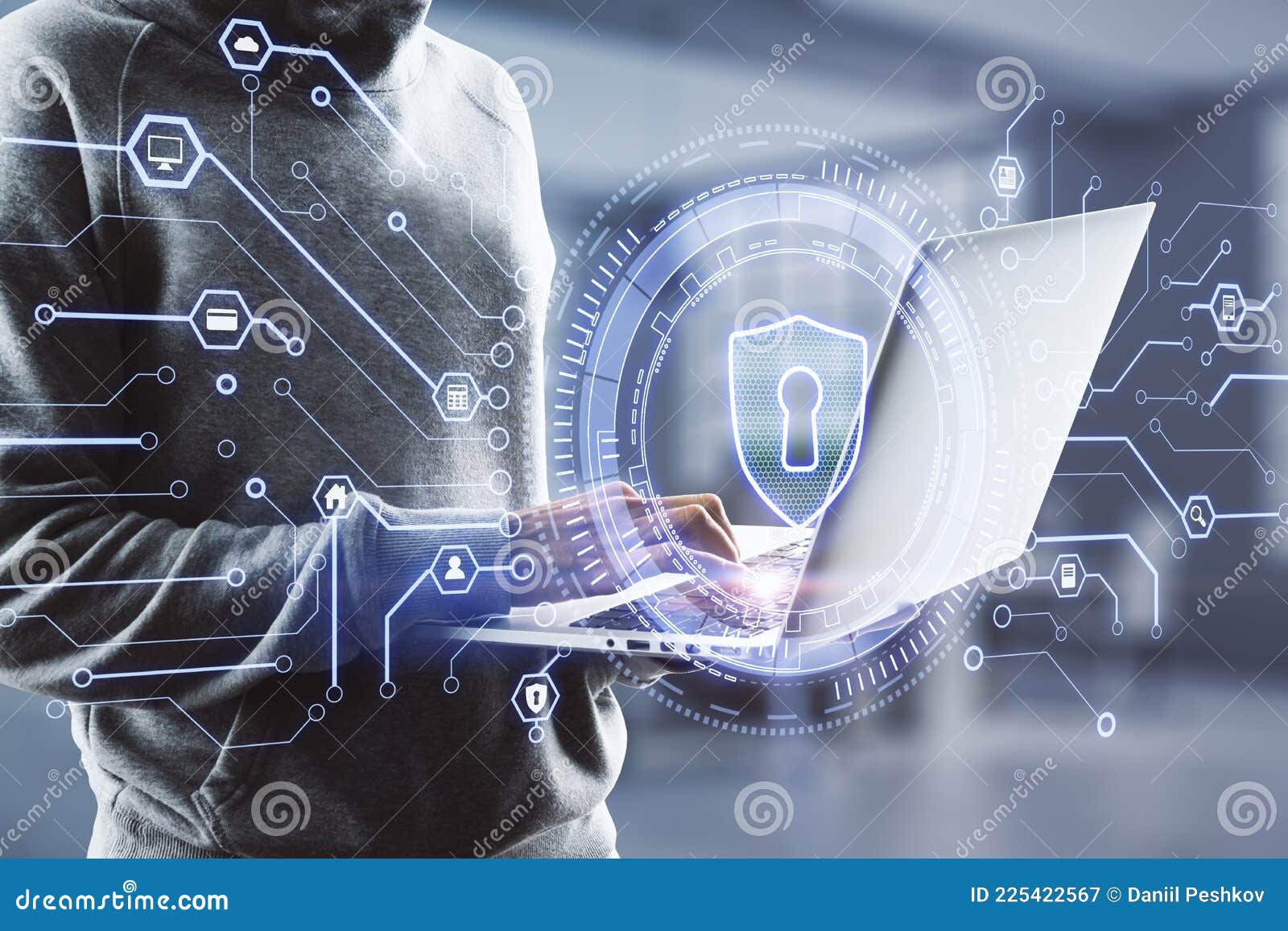 Hacker Using Laptop with Creative Glowing Lock Icon on Blurry Office ...