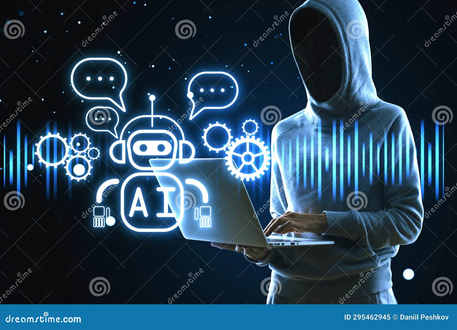 Hacker Using Laptop with Creative Glowing Robot Ai Hologram on Dark Background. Automated ...