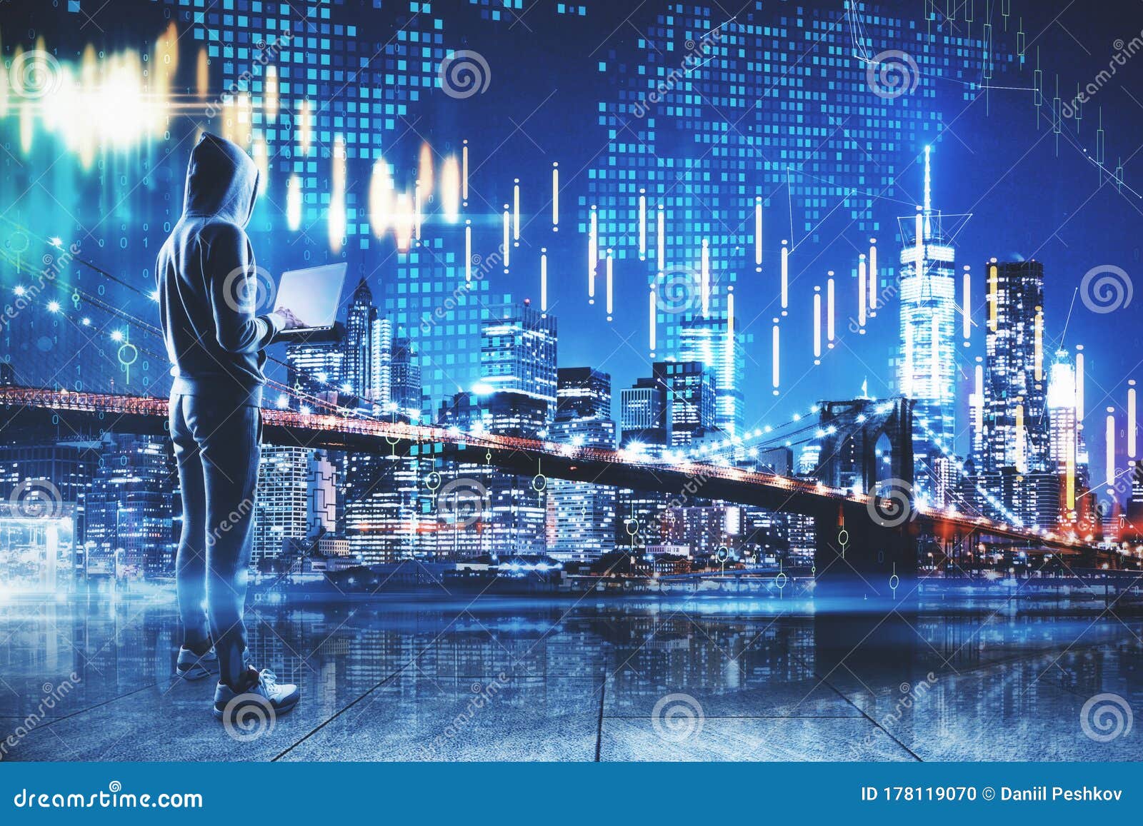 Hacker Using Laptop with Digital Globe Hologram on City Background ...