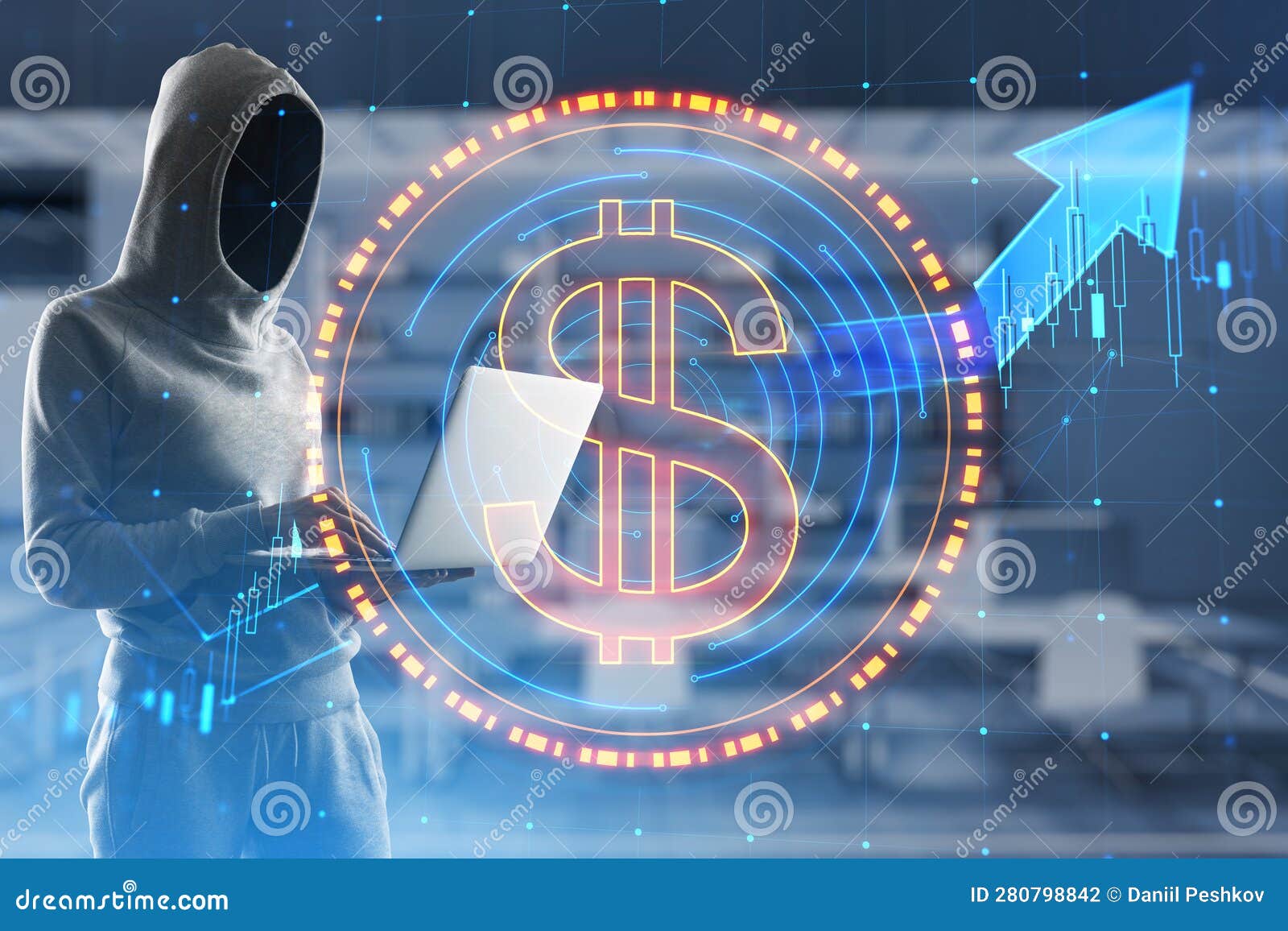 Hacker Using Laptop with Digital Round Dollar Sign on Blurry Office ...