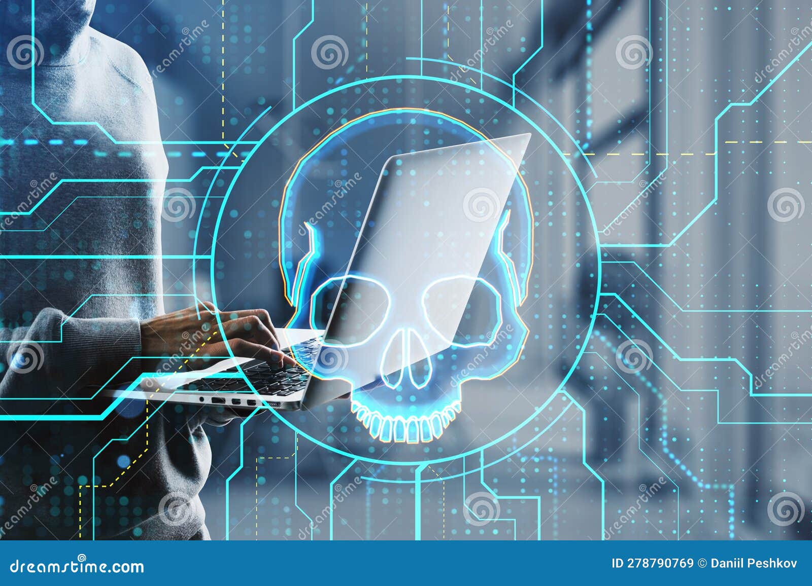 Hacker Using Laptop with Digital Skull Hologram on Blurry Office ...