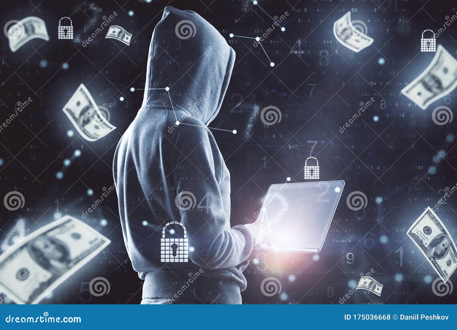 Hacker Using Laptop and Falling Dollar Banknote Stock Photo - Image of ...
