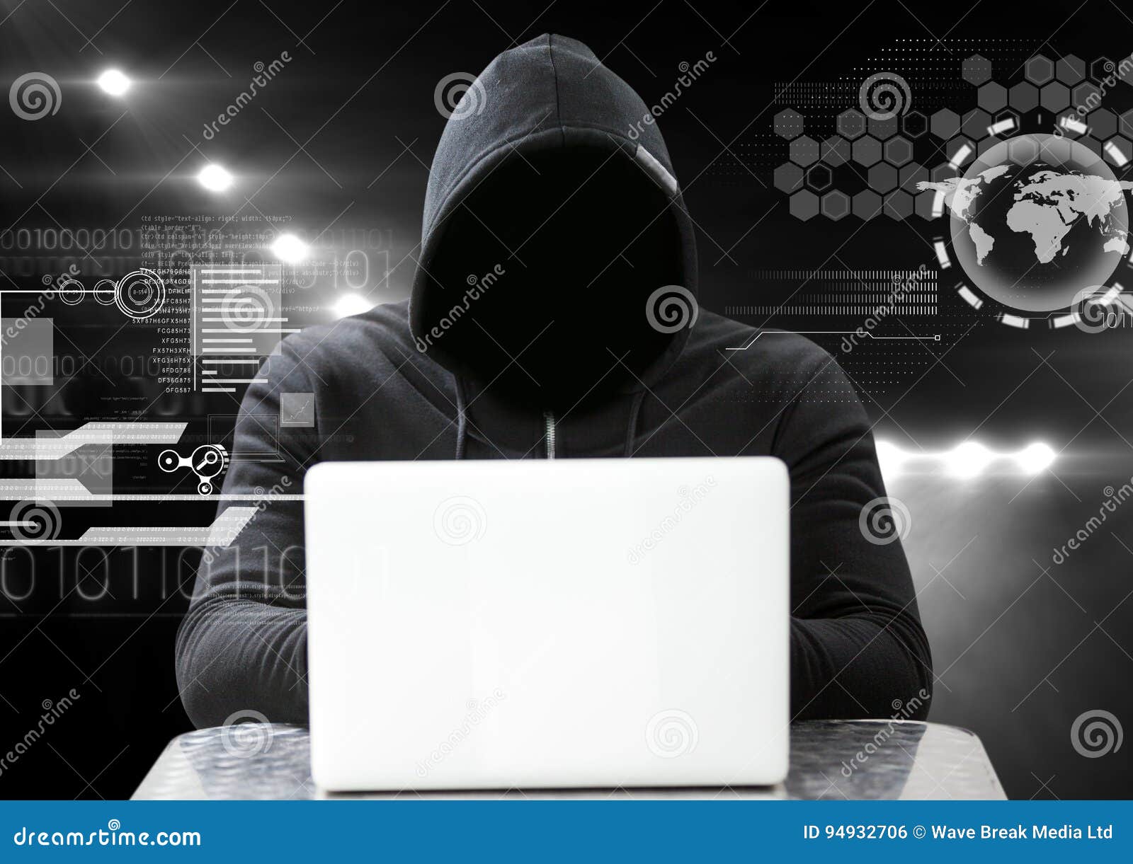 Hacker Using a Laptop in Front of Dark Background with Digital Icons ...