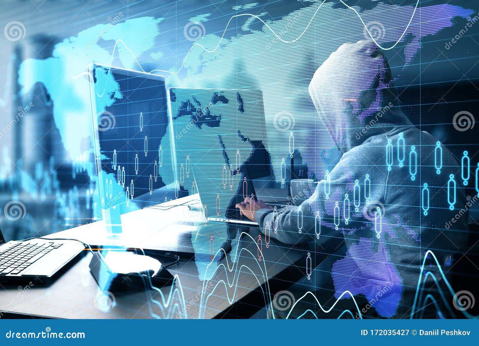Hacker Using Laptop with Global Business Scheme Stock Image - Image of ...