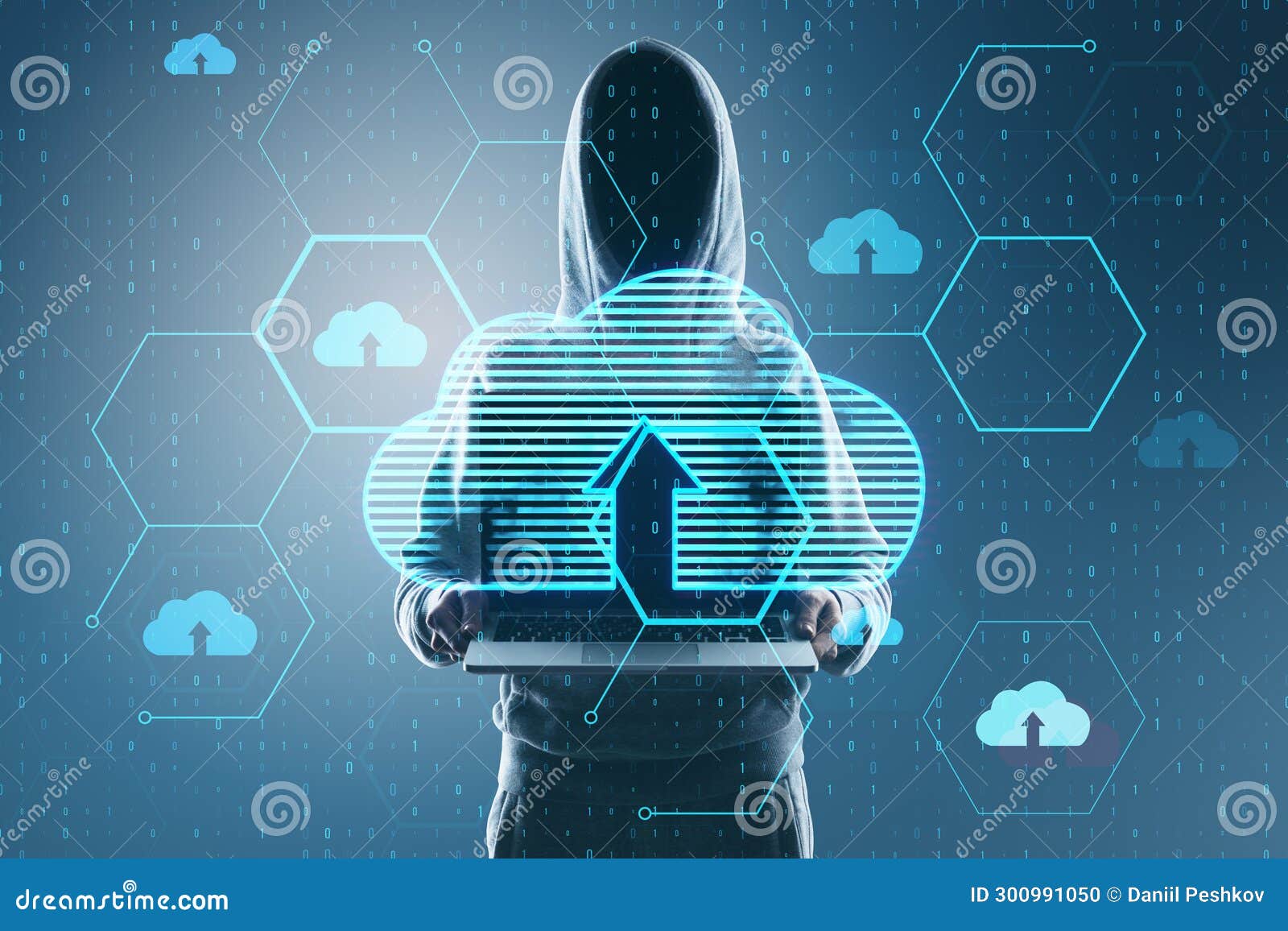 Hacker Using Laptop with Glowing Hexagonal Cloud Computing Hologram ...