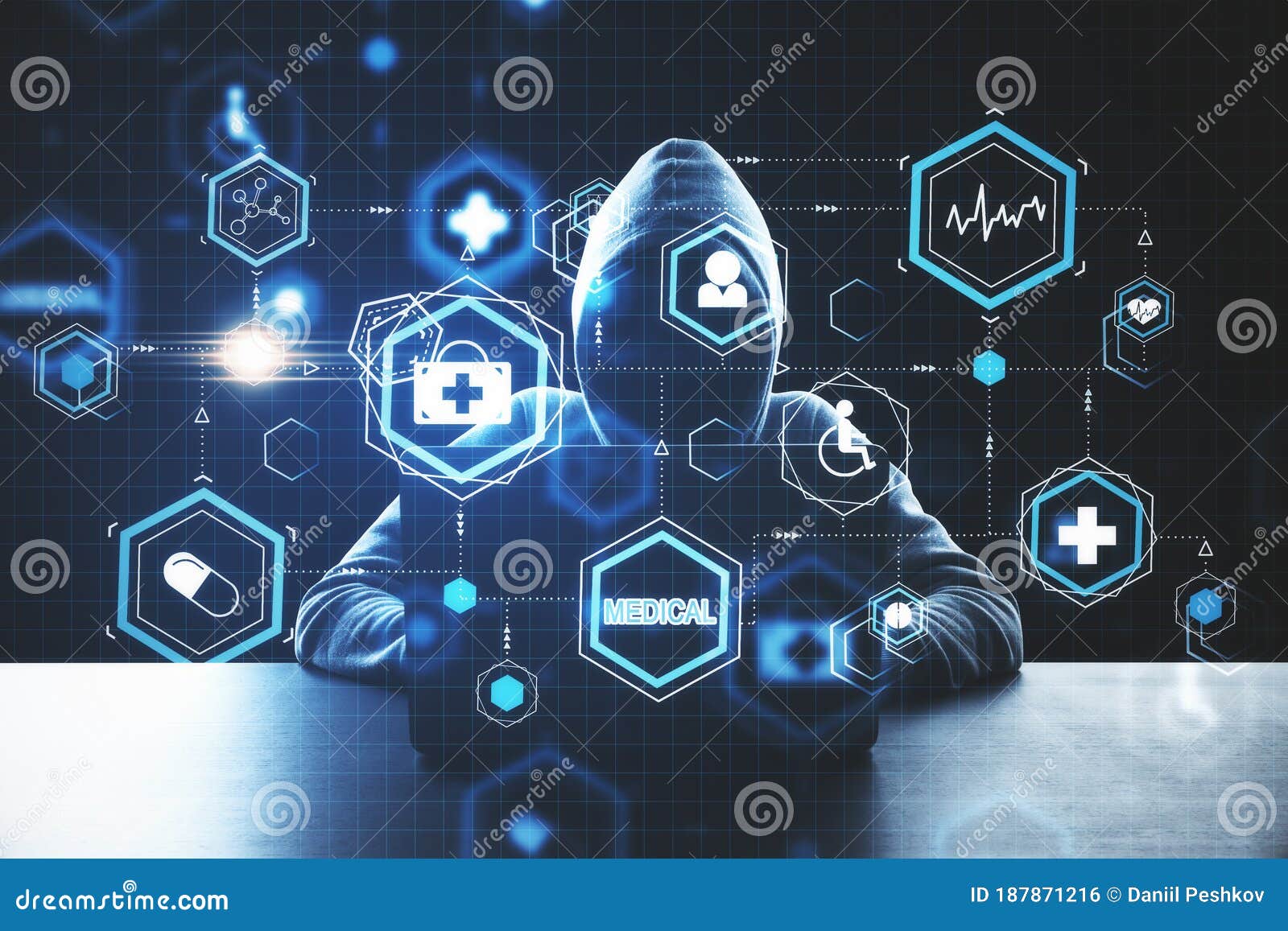 Hacker Using Laptop with Glowing Medical Interface Stock Photo - Image ...
