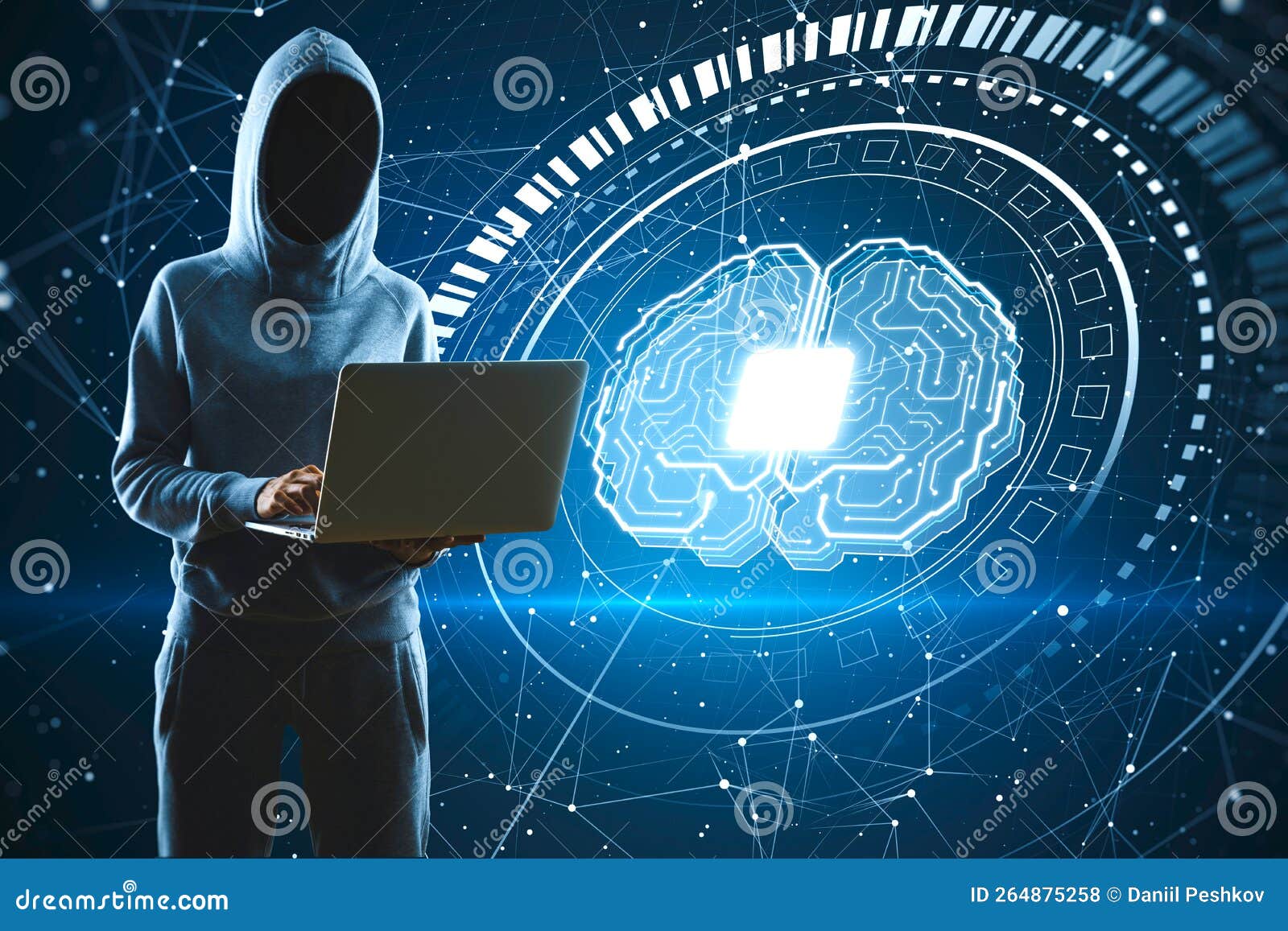 Hacker Using Laptop with Glowing Polygonal Chip and Brain Hologram on ...