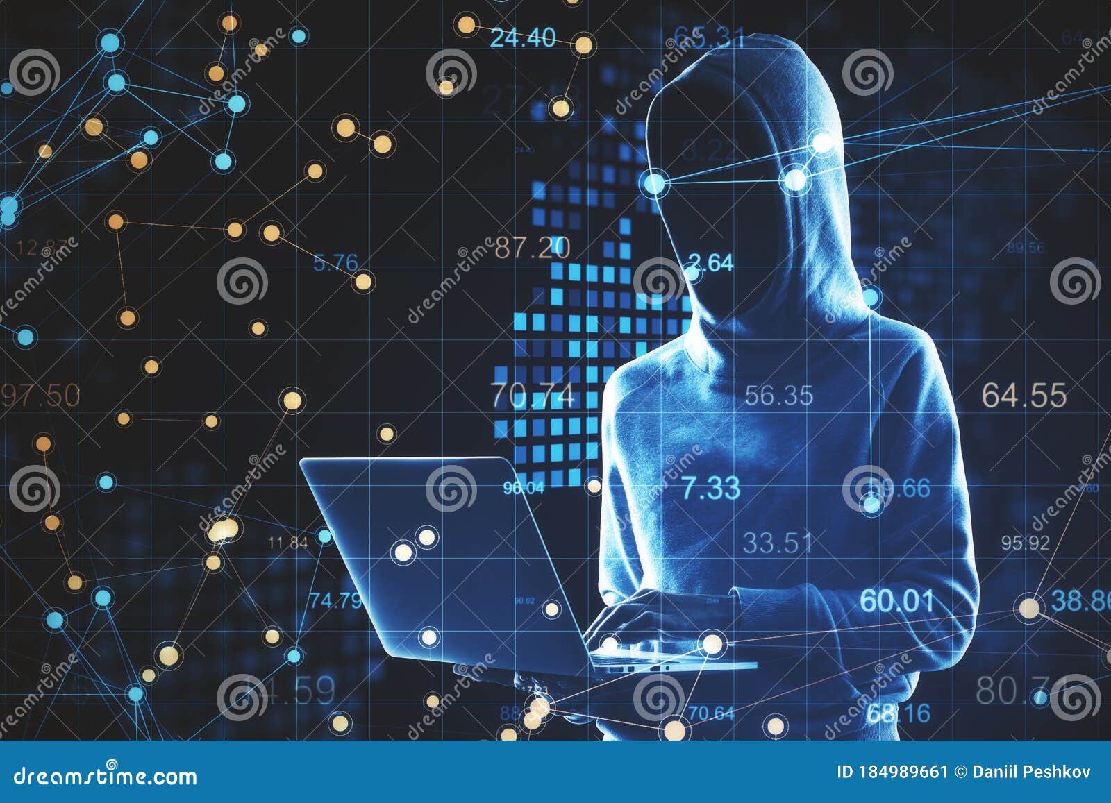 Hacker Using Laptop and Glowing Scatter Charts with Digital Earth ...