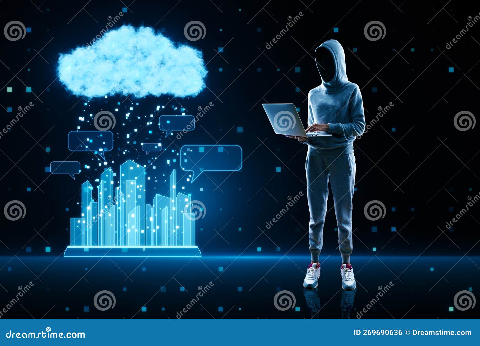 Hacker Using Laptop with Glowing Urban Cloud and City Communication ...