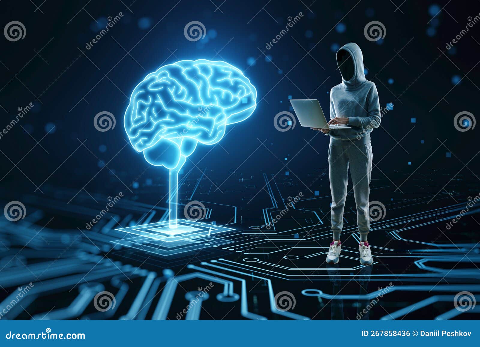 Hacker Using Laptop with Hologram. Futuristic Design of Artificial ...