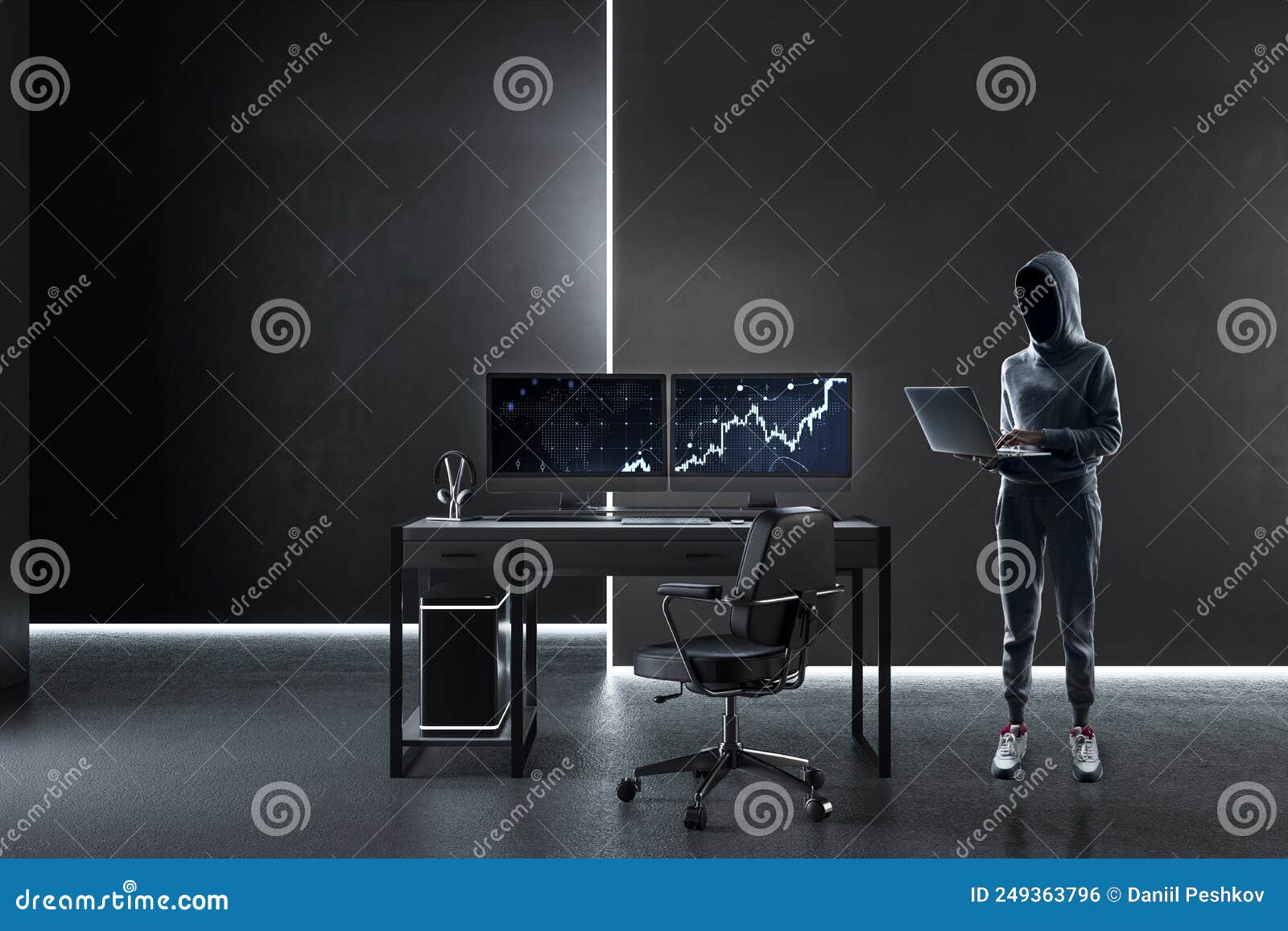 Hacker Using Laptop in Modern Concrete Office Interior with Workplace ...