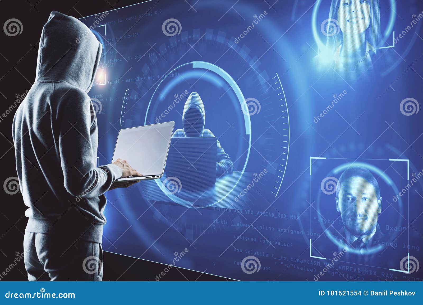 Hacker Using Laptop with People Recognition System Stock Photo - Image ...