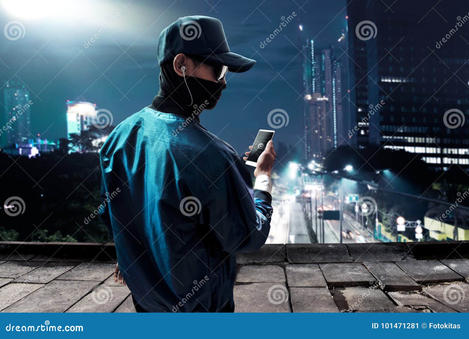 Hacker Using Mobile Phone on the Rooftop Stock Image - Image of data ...