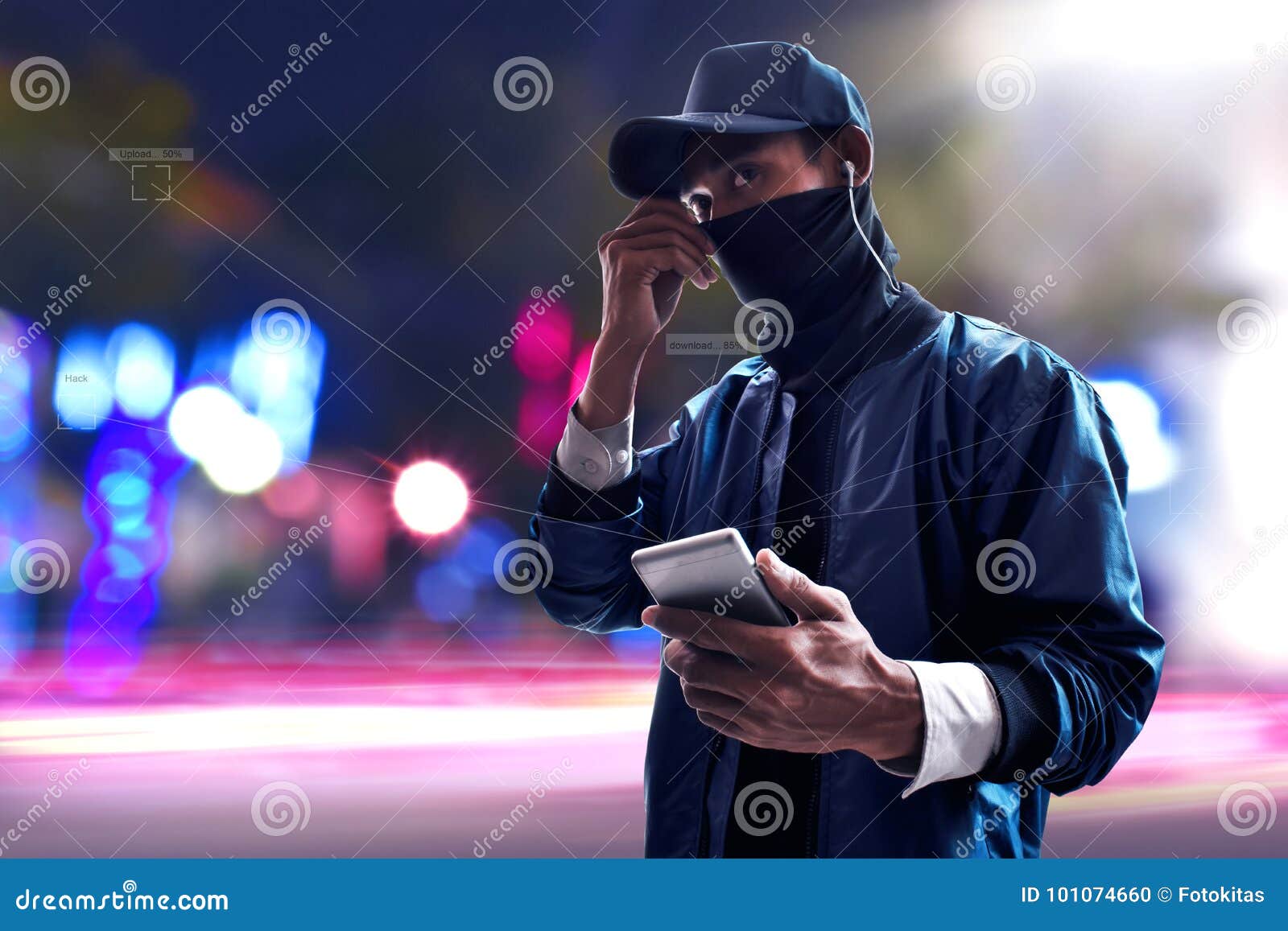 Hacker Using Mobile Phone on the Street Stock Photo - Image of identity ...