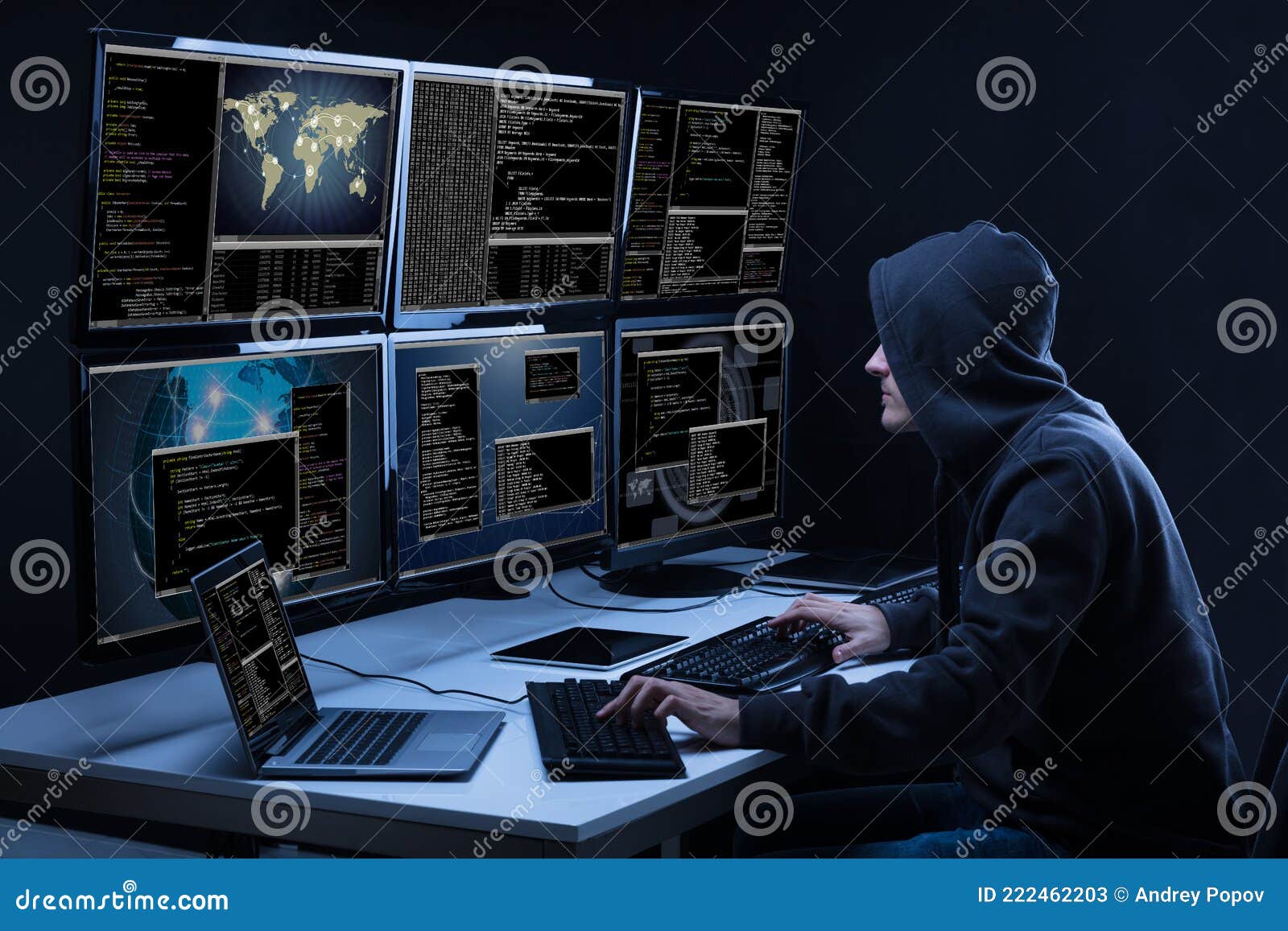 Hacker Using Multiple Computers for Stealing Data Stock Image - Image ...