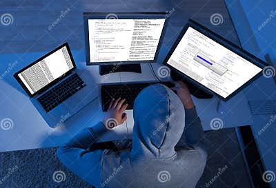 Hacker Using Multiple Computers To Steal Data Stock Photo - Image of hack, data: 43864756