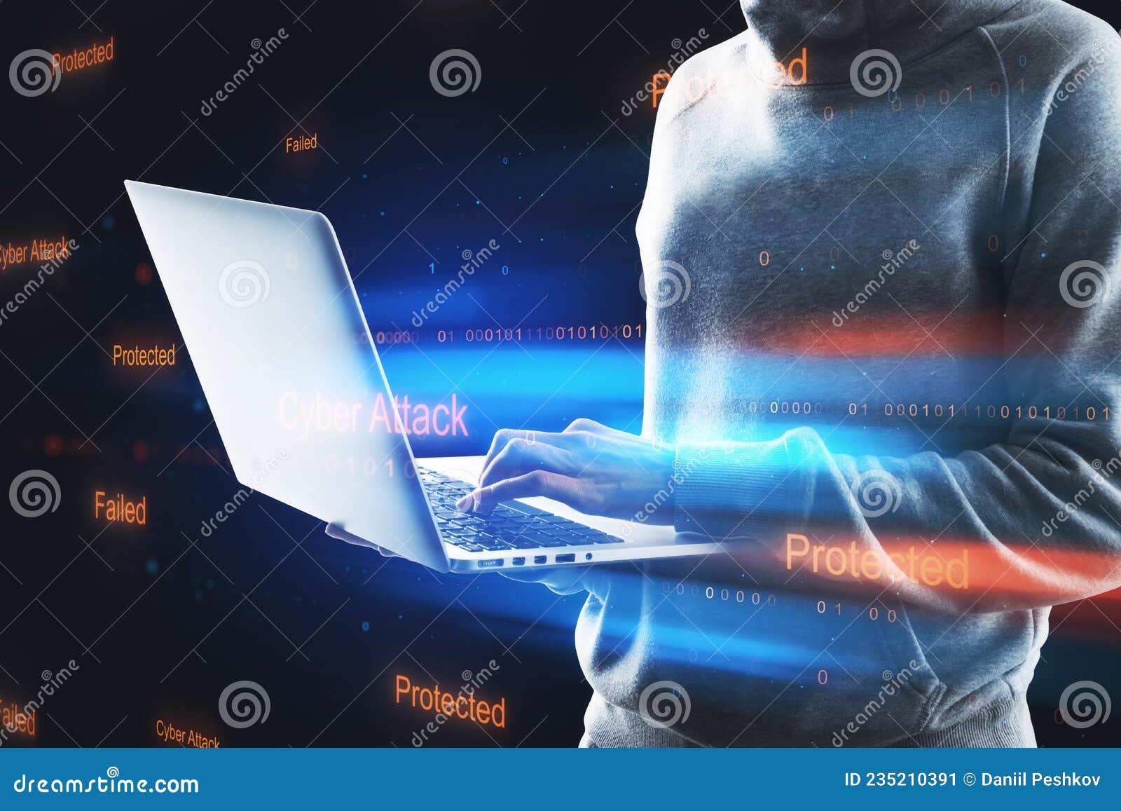 Hacker Using Notebook With Abstract Binary Code On Blurry Background Cyber Attack And Hacking
