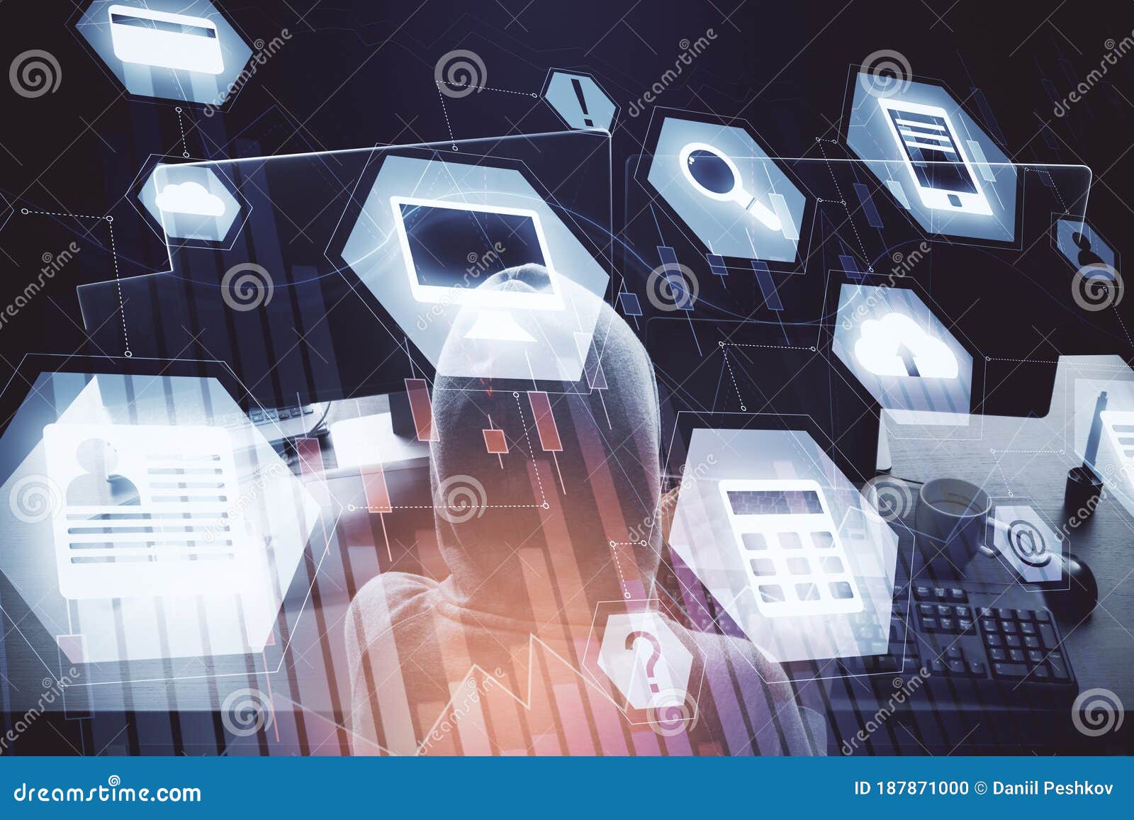 Hacker Using Personal Computer with Glowing Digital Business Interface ...