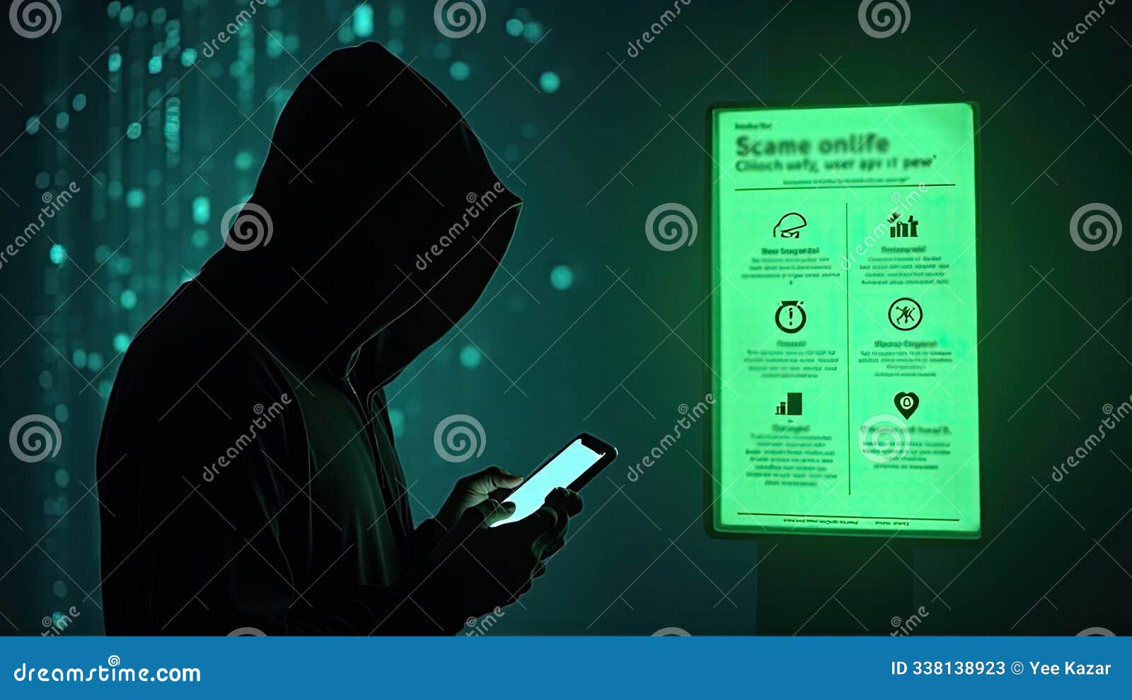 Hacker Using Phone in Front of Cyber Security Poster. Stock ...