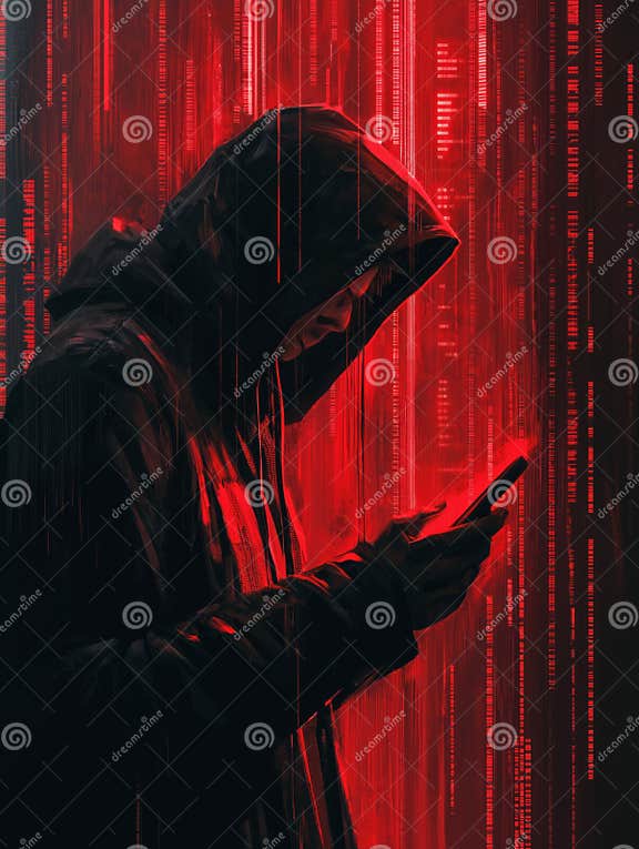 Hacker Using Smartphone with Red Binary Code Background Stock Illustration - Illustration of ...