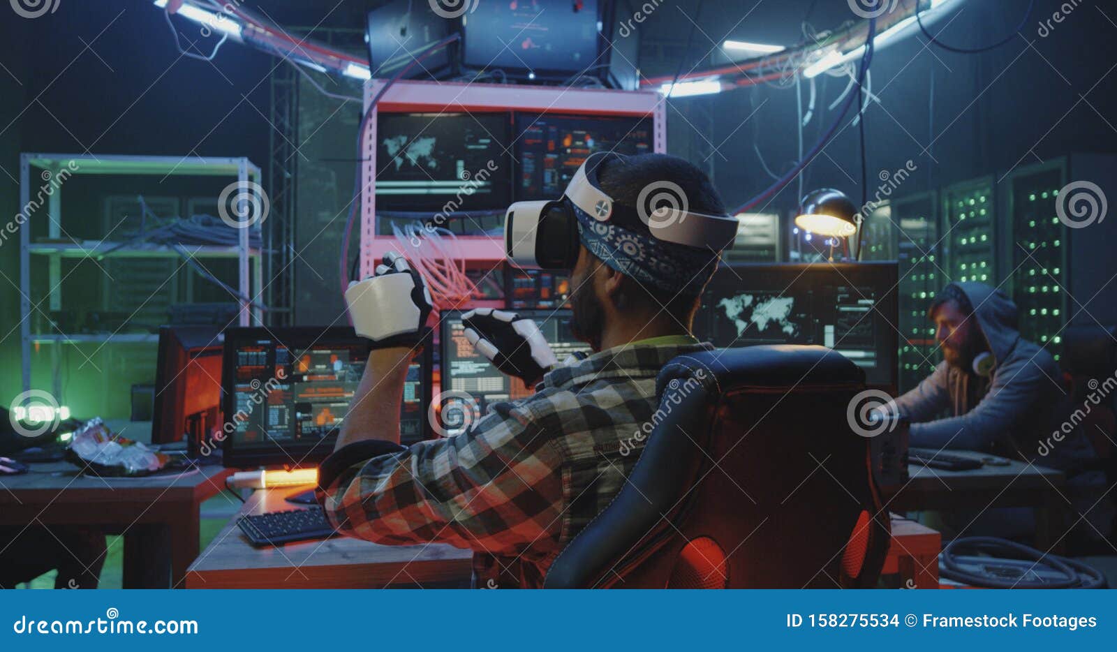 Hacker Using VR Gloves and Headset Stock Photo - Image of modern ...