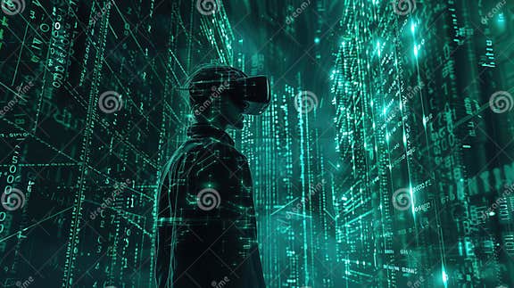 A Hacker in a VR Headset Navigates a Vibrant Virtual Realm Adorned with ...