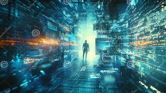 Hacker Walking in Abstract Cyberspace Corridor Protecting Data Flow ...