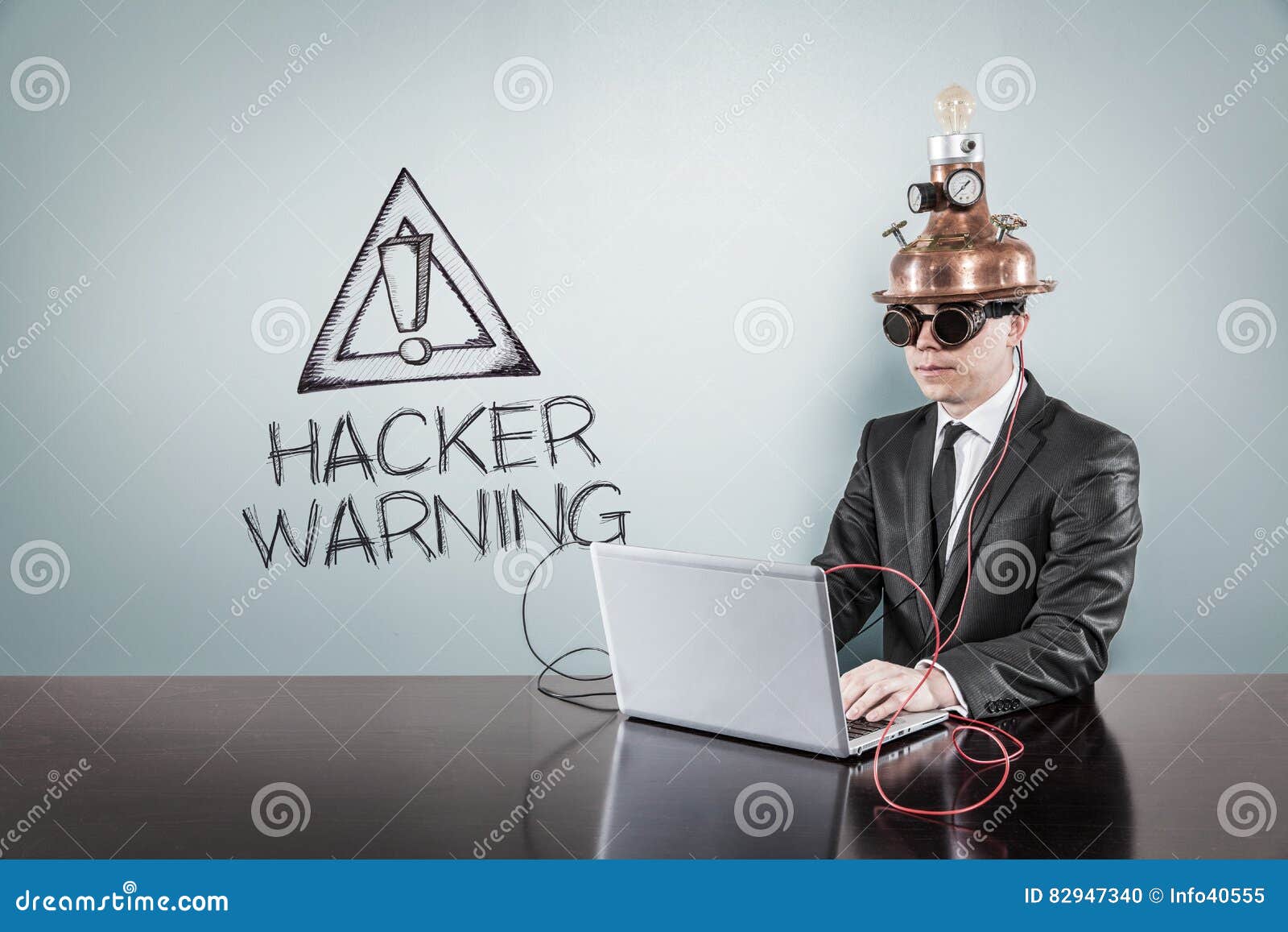 Hacker Warning Text with Vintage Businessman Using Laptop Stock Photo ...