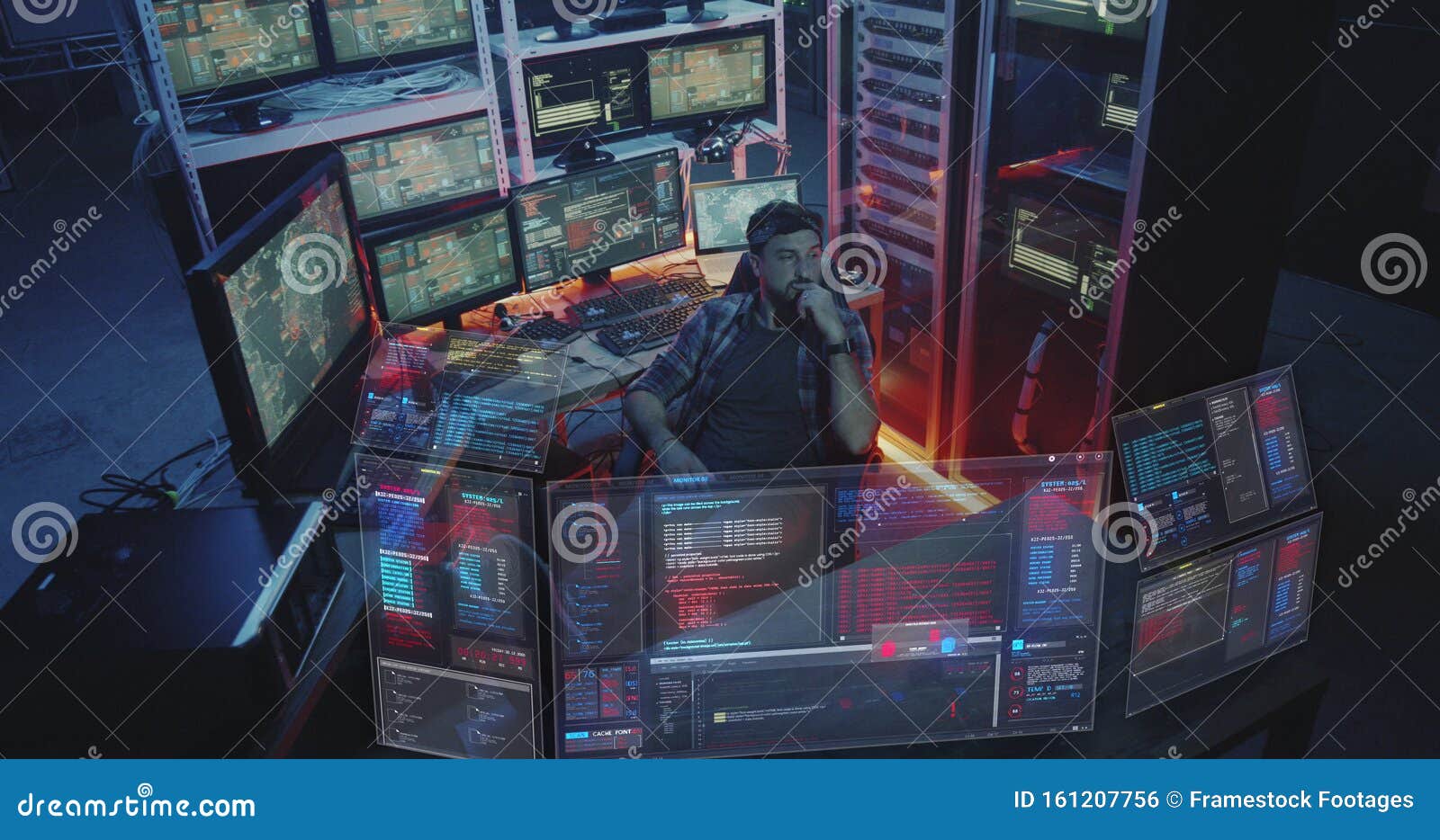 Hacker Watching Holographic Display Screens Stock Photo - Image of ...