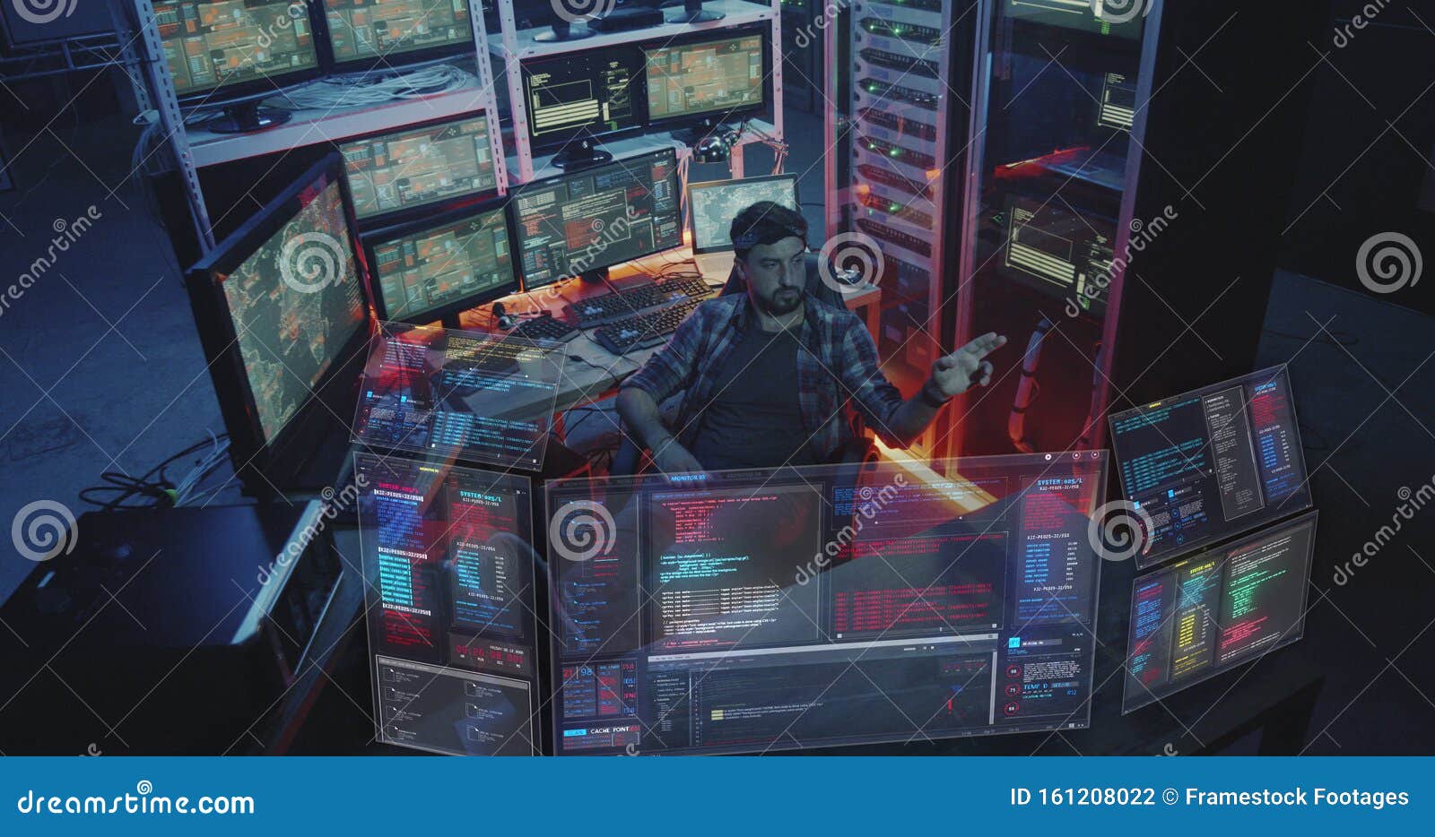 Hacker Watching Holographic Display Screens Stock Photo - Image of ...