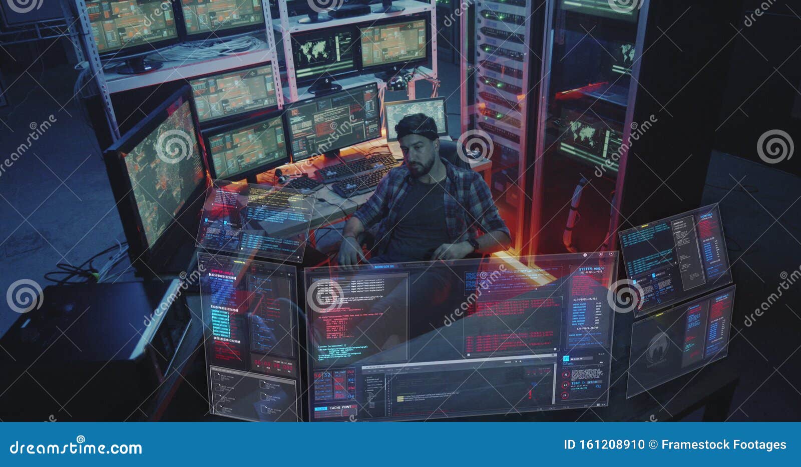 Hacker Watching Holographic Display Screens Stock Photo - Image of ...