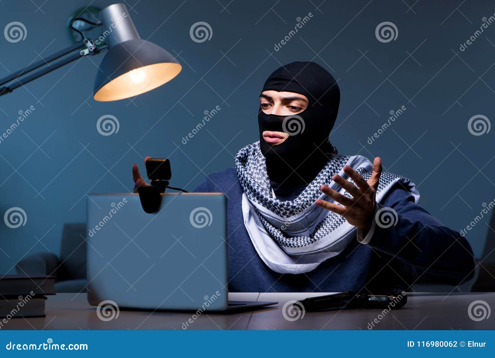 The Hacker Wearing Balaclava Mask Hacking Computer Stock Photo - Image ...