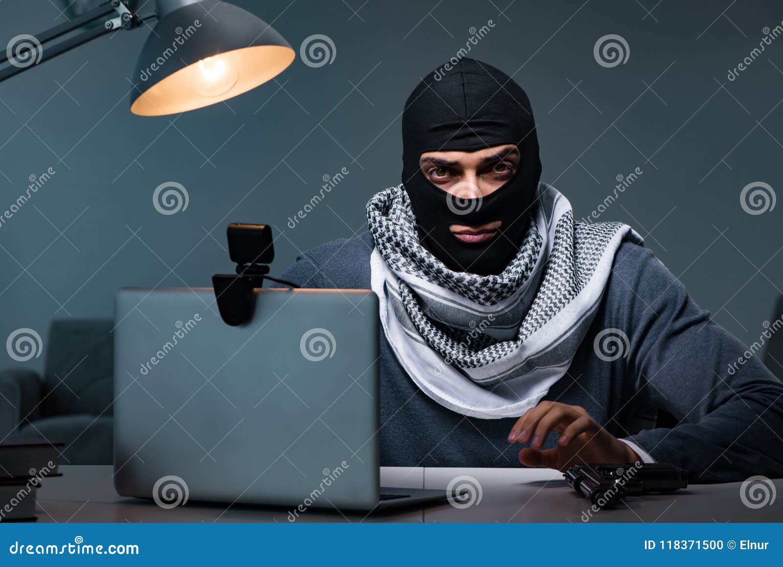 The Hacker Wearing Balaclava Mask Hacking Computer Stock Photo - Image ...