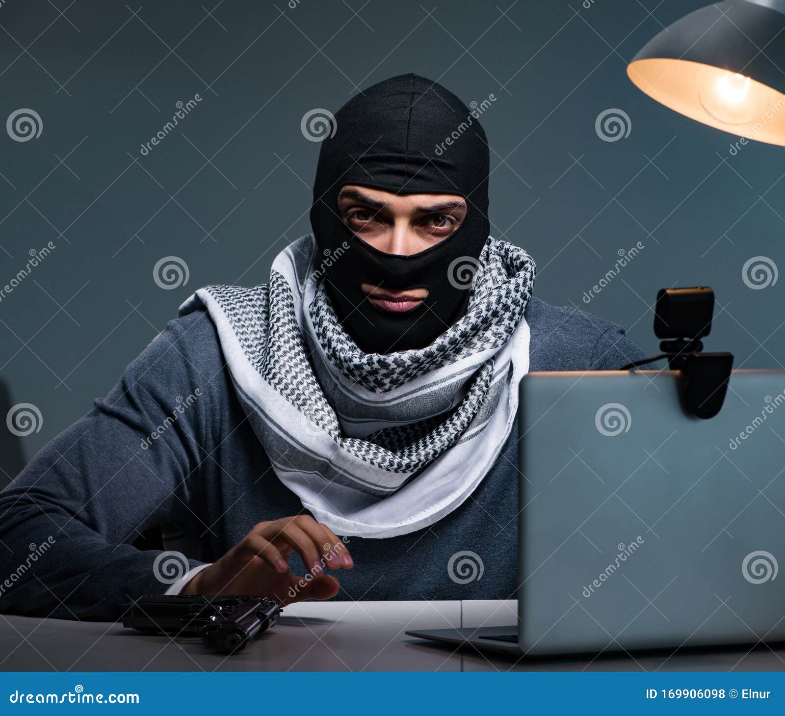 Hacker Wearing Balaclava Mask Hacking Computer Stock Photo - Image of ...