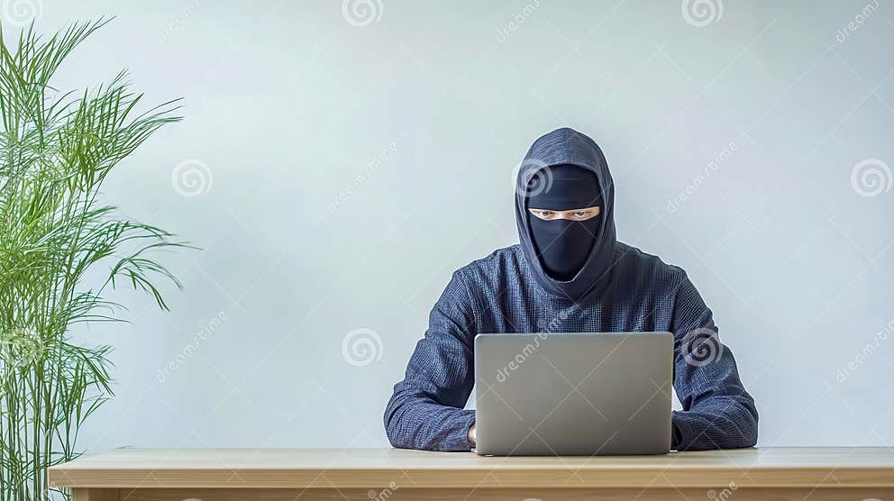 Hacker Wearing Balaclava Sitting at Desk and Using Laptop Stock Image ...